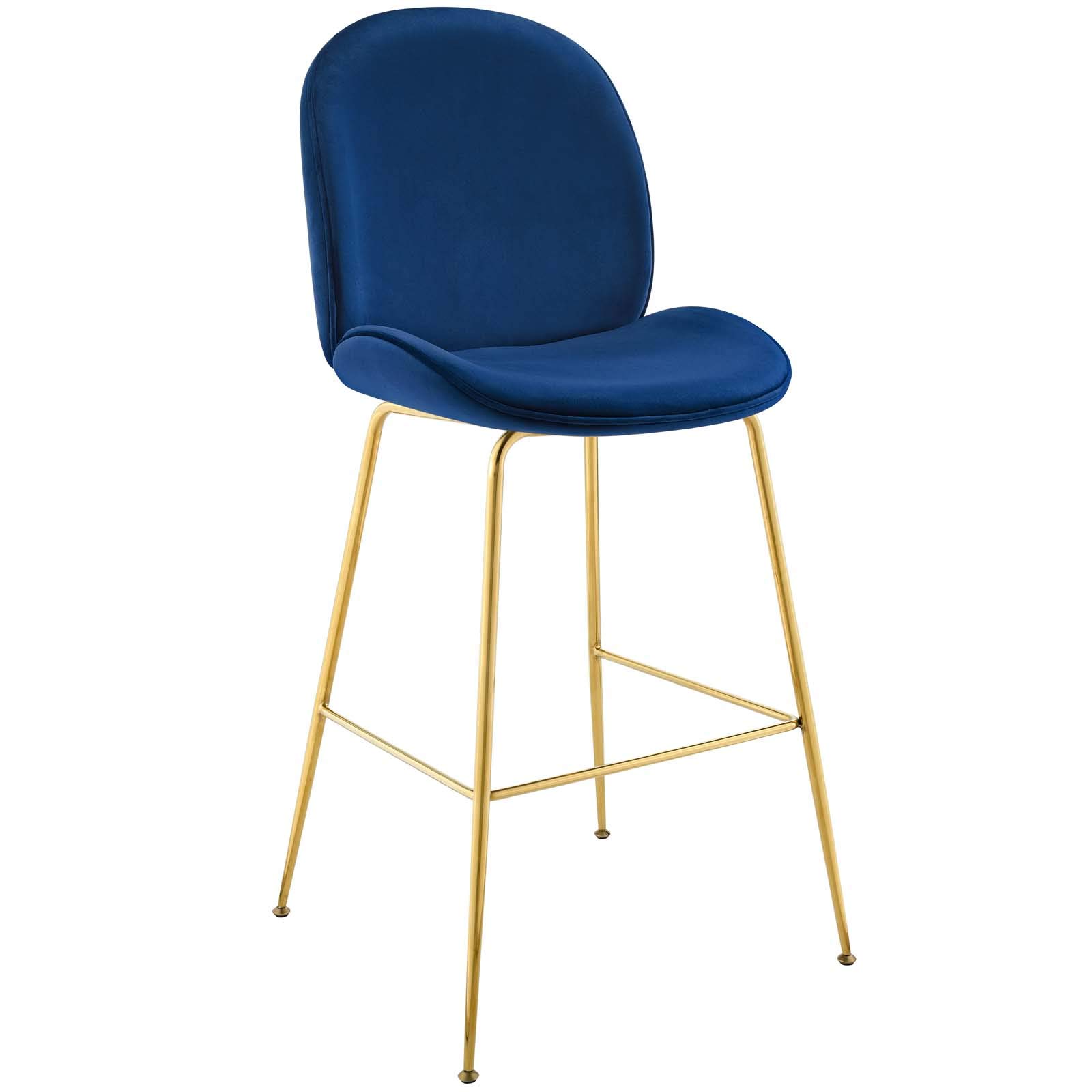 Modway Scoop Performance Velvet Dining Bar Stool with Gold Stainless Steel Metal Base in Navy