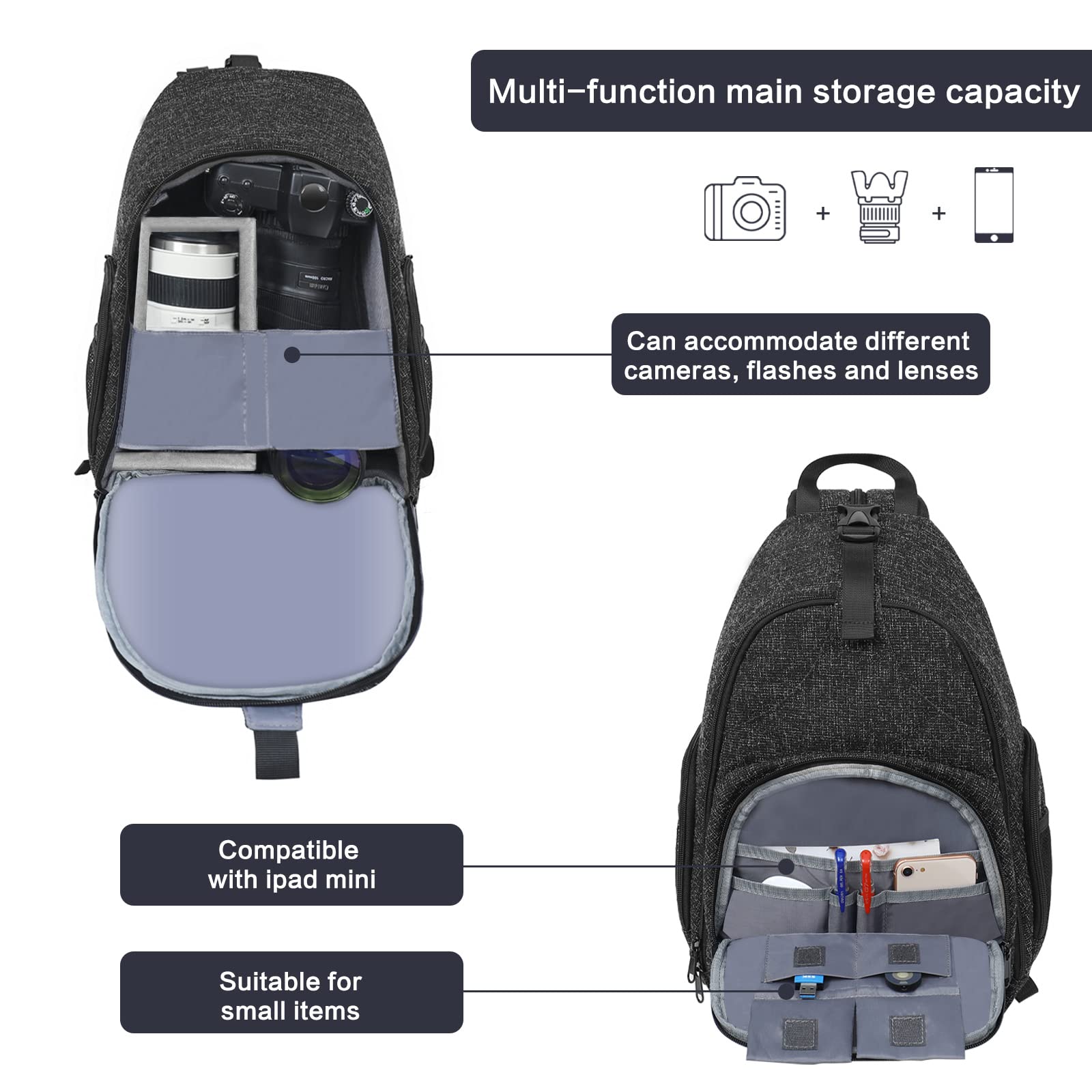 MOSISO Camera Bag Sling Backpack, DSLR/SLR/Mirrorless Photography Waterproof Camera Case Crossbody Shoulder Bag with Tripod Holder&Rain Cover&Shoulder Straps Compatible with Canon/Nikon/Sony, Black