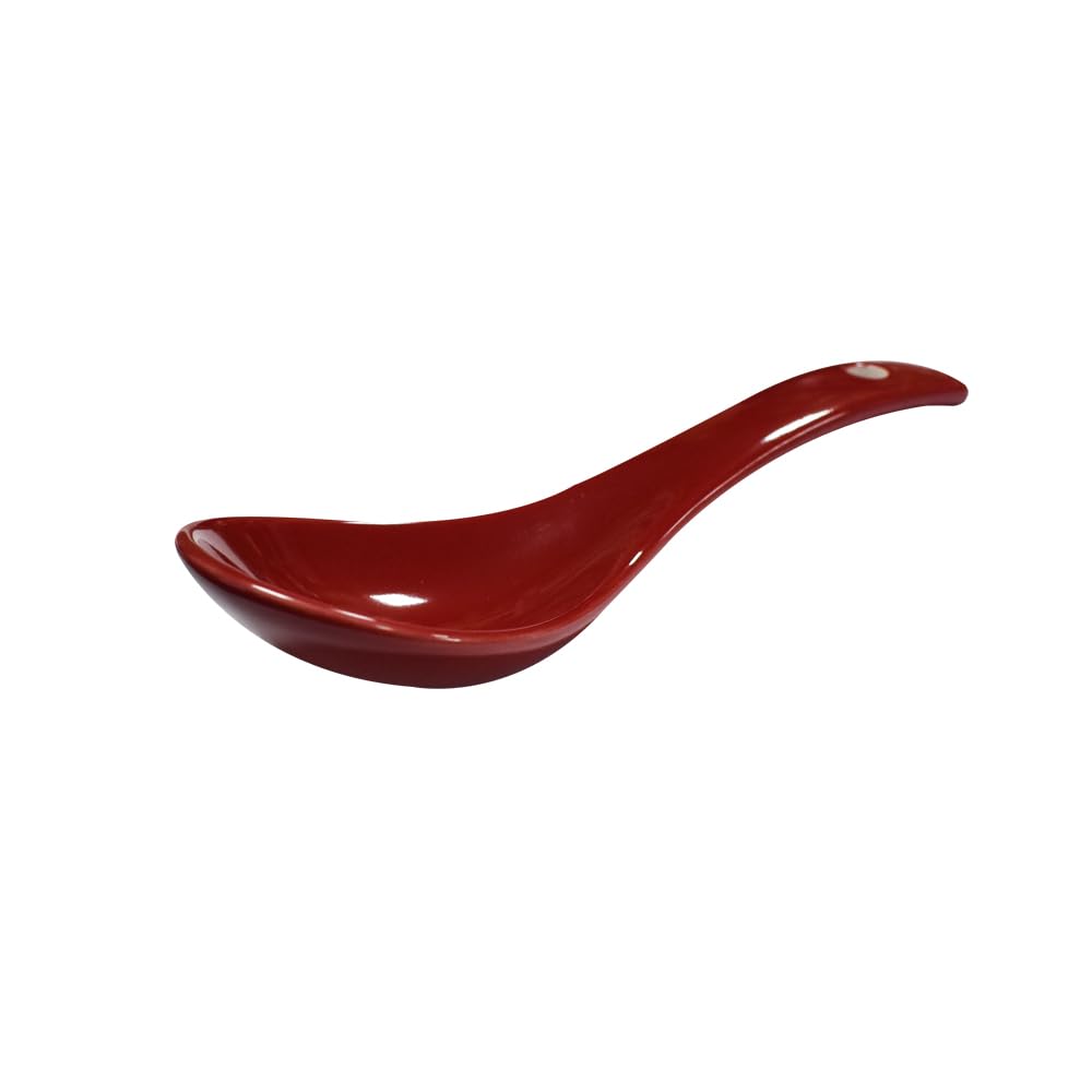 Yuauy 6 pcs Red Porcelain Soup Spoon Round-Bottom Asia Ceramic Rice Spoons Chinese Won Ton Spoons for Home Kitchen Restaurant