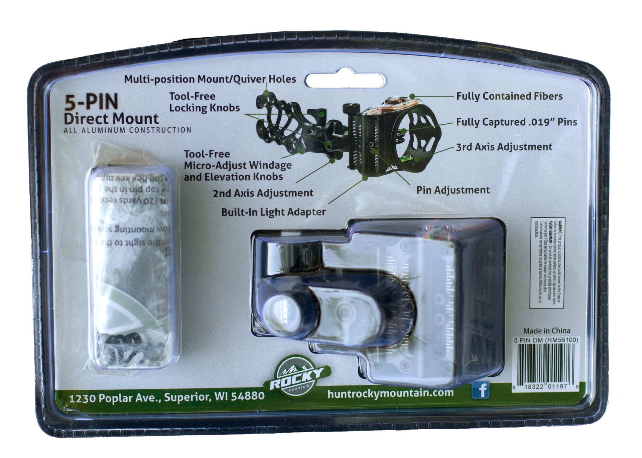 Mountain Rocky Direct Mount 5-Pin Bow Sight - .019β Pins, All Aluminum Construction, 2nd & 3rd Axis Adjustable, Tool Free Micro Adjust Windage & Elevation Laser Etched Markers, Built-In Light Adapter