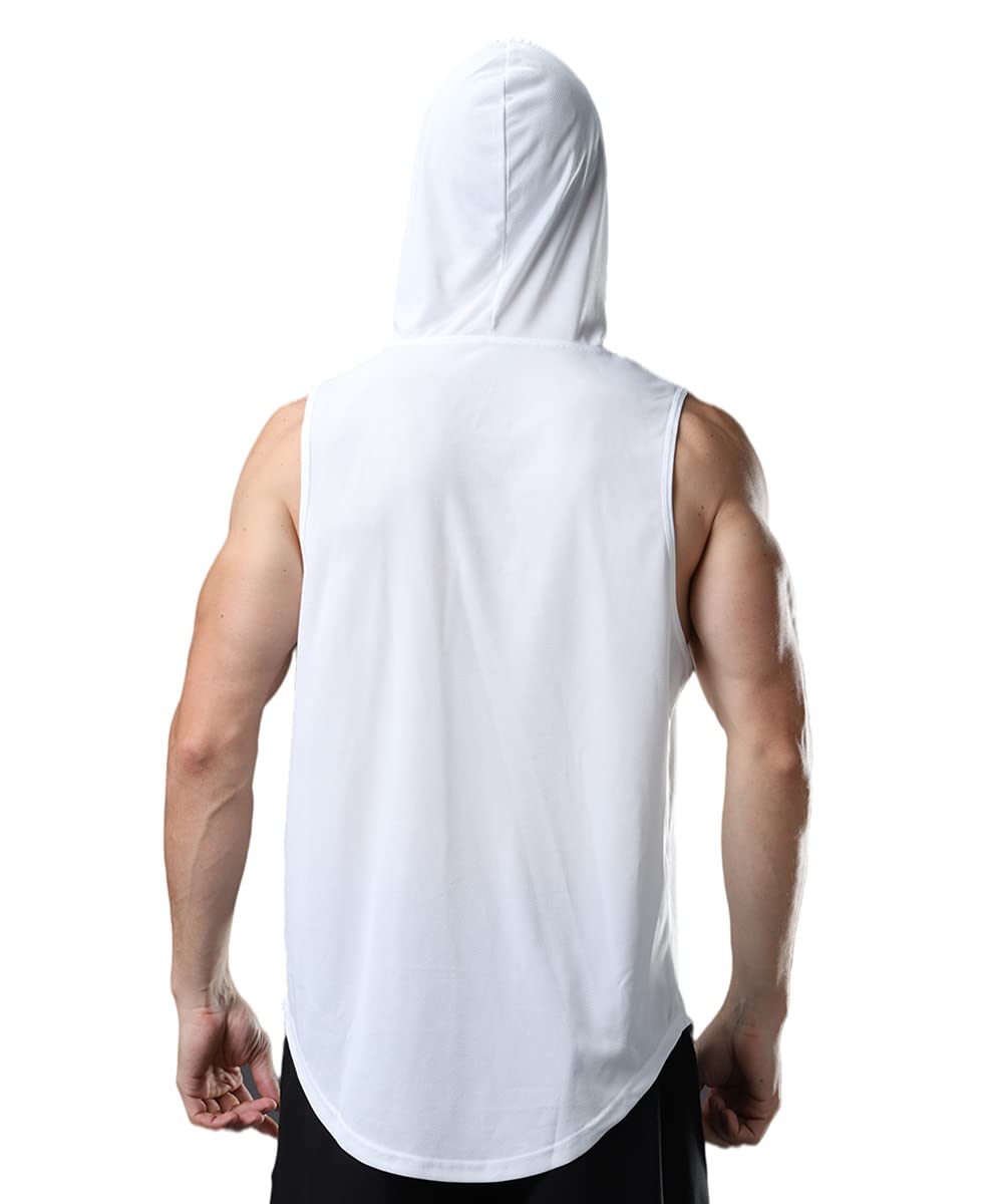 ROGUDUA Men's Hooded Tank Top Quick Dry Muscle Gym Shirts Workout Sleeveless Hoodie White US Size S