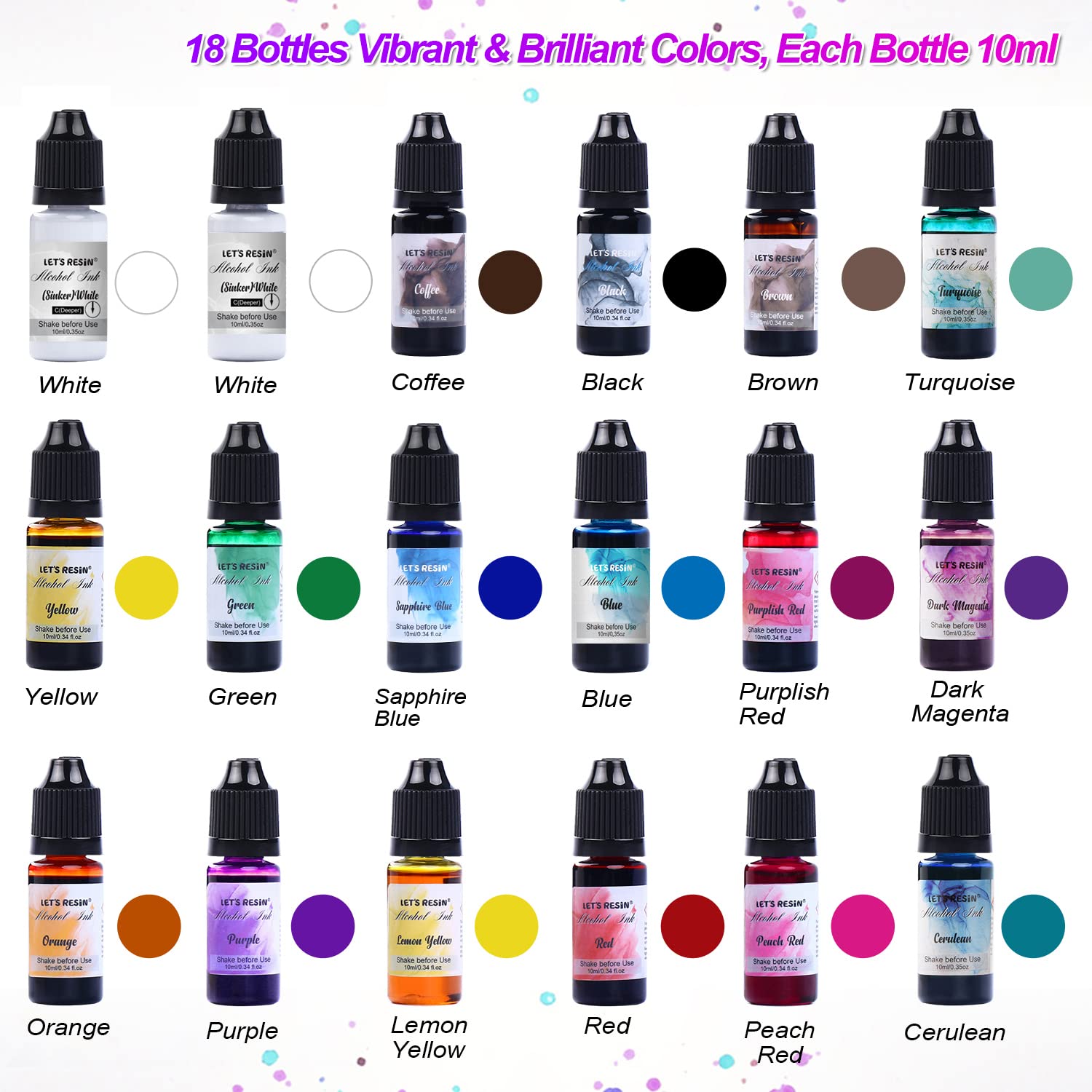 LET'S RESIN 18 Colors Vibrant Alcohol Inks with White Alcohol Ink for Epoxy Resin