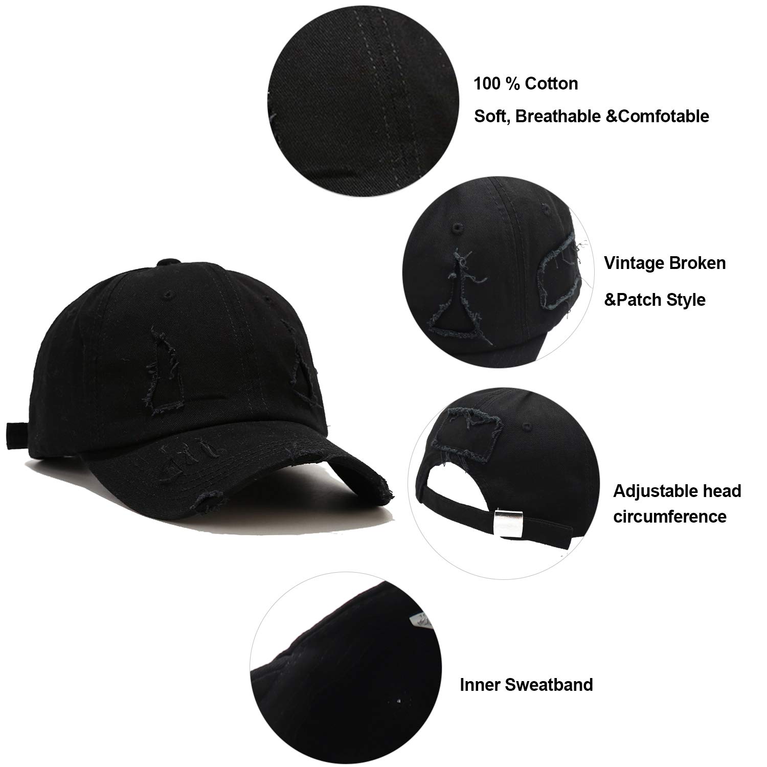 Ripped Patch Baseball Cap Vintage Distressed Low Profile Unstructured Cotton Dad Hat Adjustable for Women Men (White)