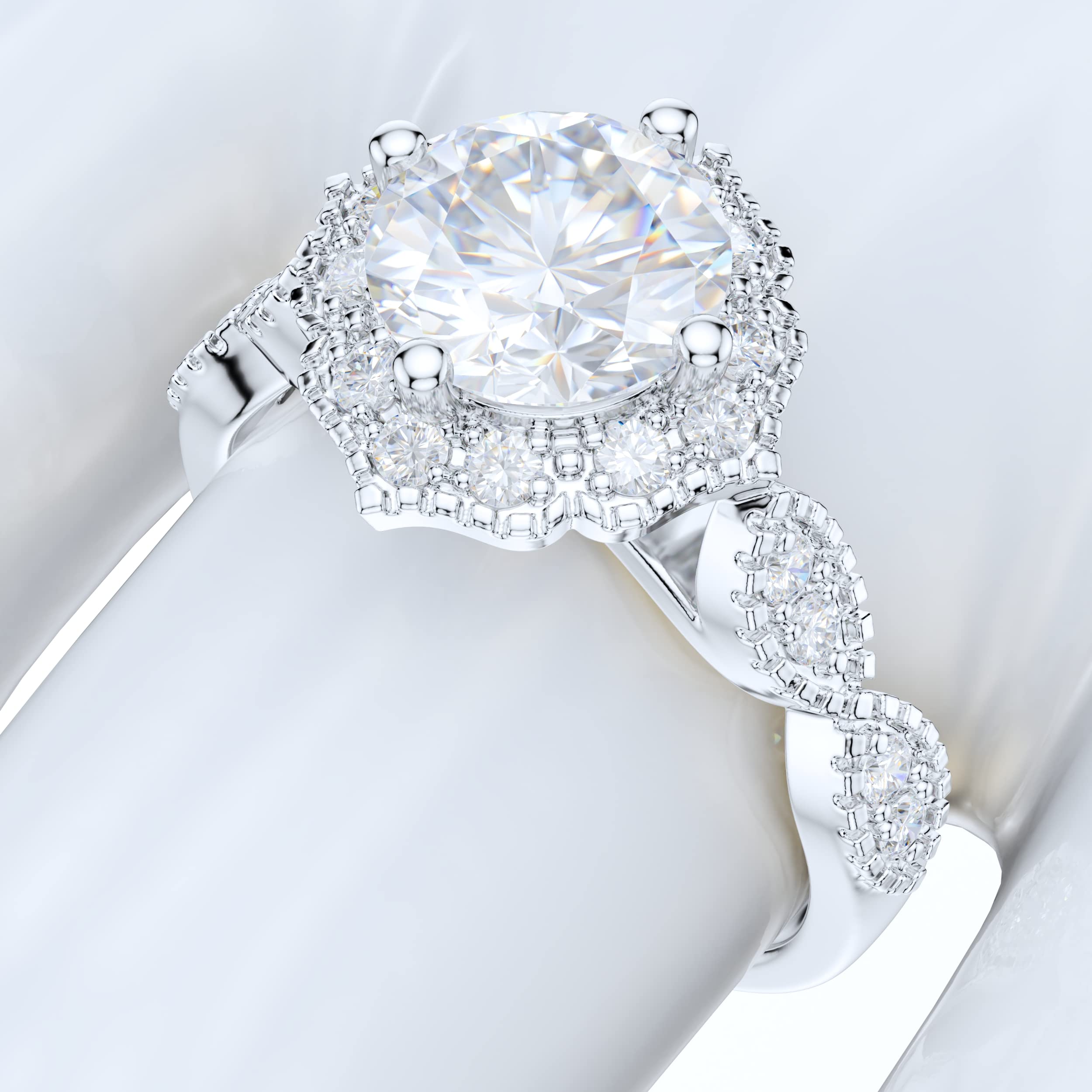 PRSTANI Solid Sterling Silver Fancy Vintage Milgrain 1.5CT Simulated Round Brilliant Cut Diamond Halo Promise Engagement Ring (5)