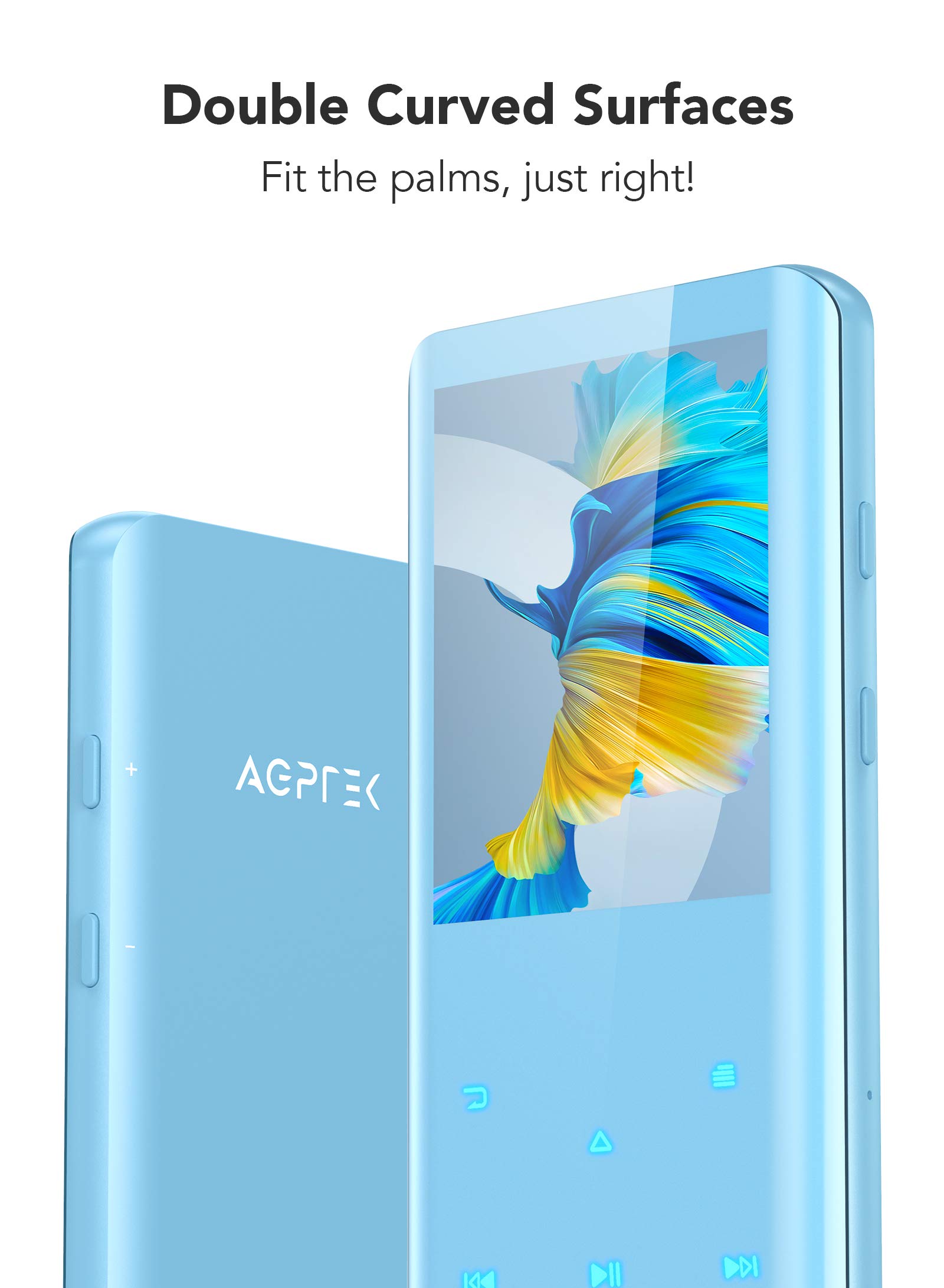 MP3 Player with Bluetooth 5.3, AGPTEK A19X 2.4" Curved Screen Portable Music Player with Speaker Lossless Sound with FM Radio, Voice Recorder, Built in 32GB, Supports up to 128GB, Blue
