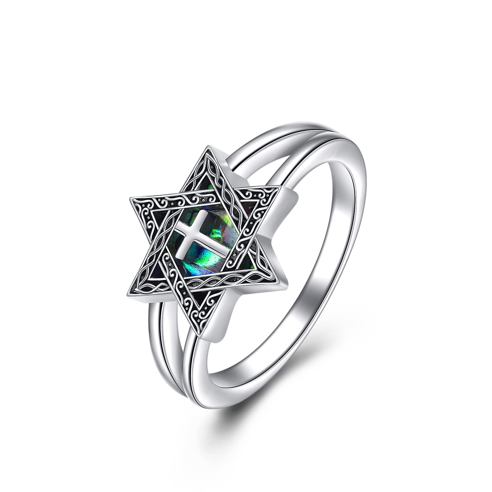 Star of David Ring for Women Sterling Silver Cross Abalone Shell Jewish Jewelry 7 (cross 7)