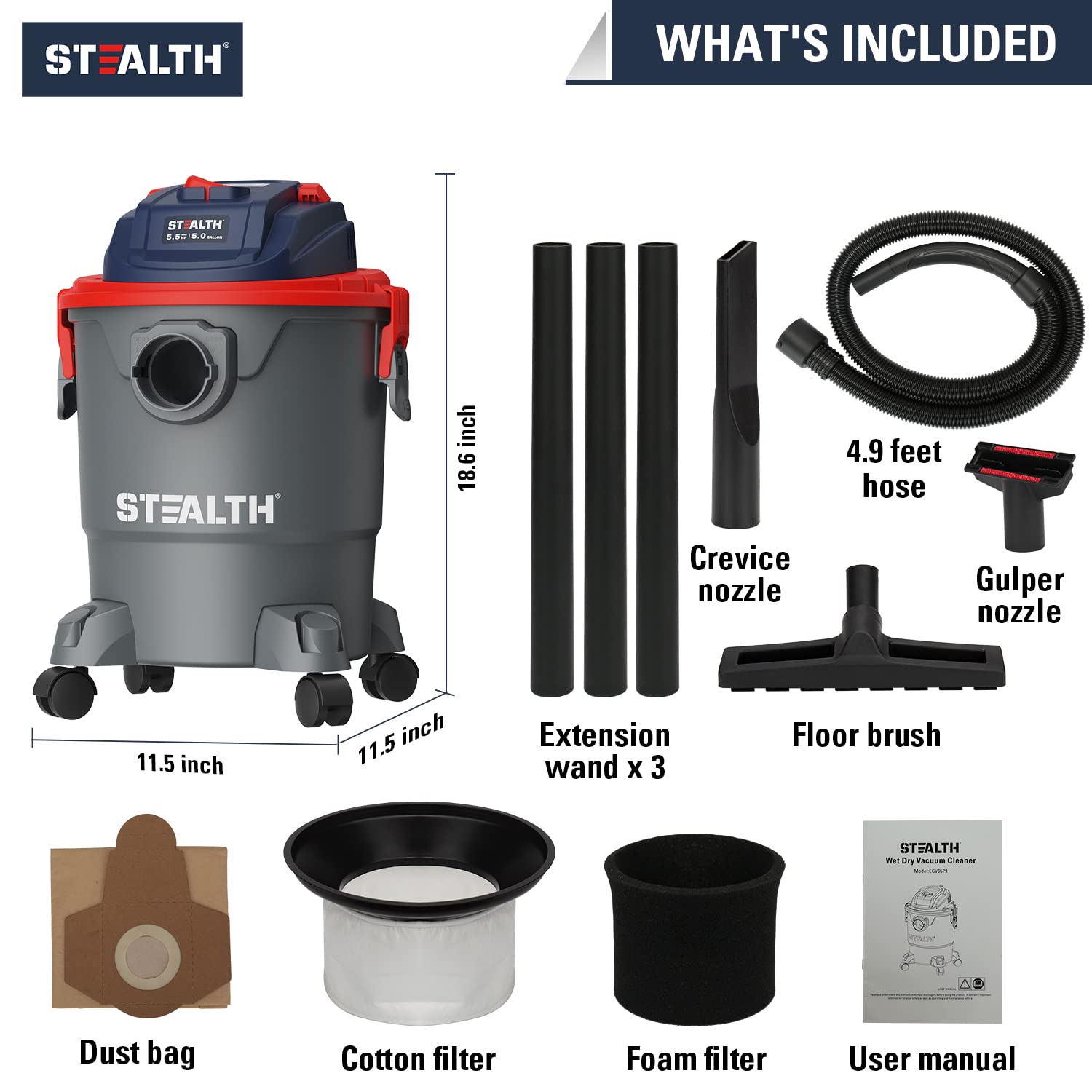 Stealth 3 in 1 Wet Dry Vacuum Cleaner, 5 Gallon 5.5 Peak HP, Portable Shop Vacuum with Blower, 1-1/4 inch Hose, ECV05P1