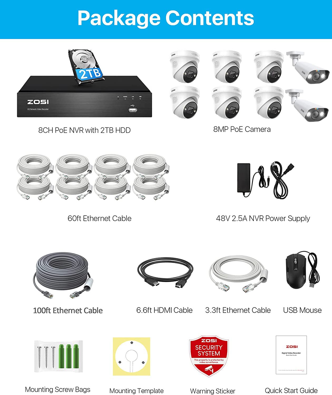 ZOSI 4K 8CH Spotlight PoE Security Camera System,8pcs 4K Wired Indoor Outdoor PoE IP Cameras with 2-Way Audio,Night Vision,Human Detection,Smart Light Alarm,8CH 8MP NVR with 2TB HDD for 24/7 Recording