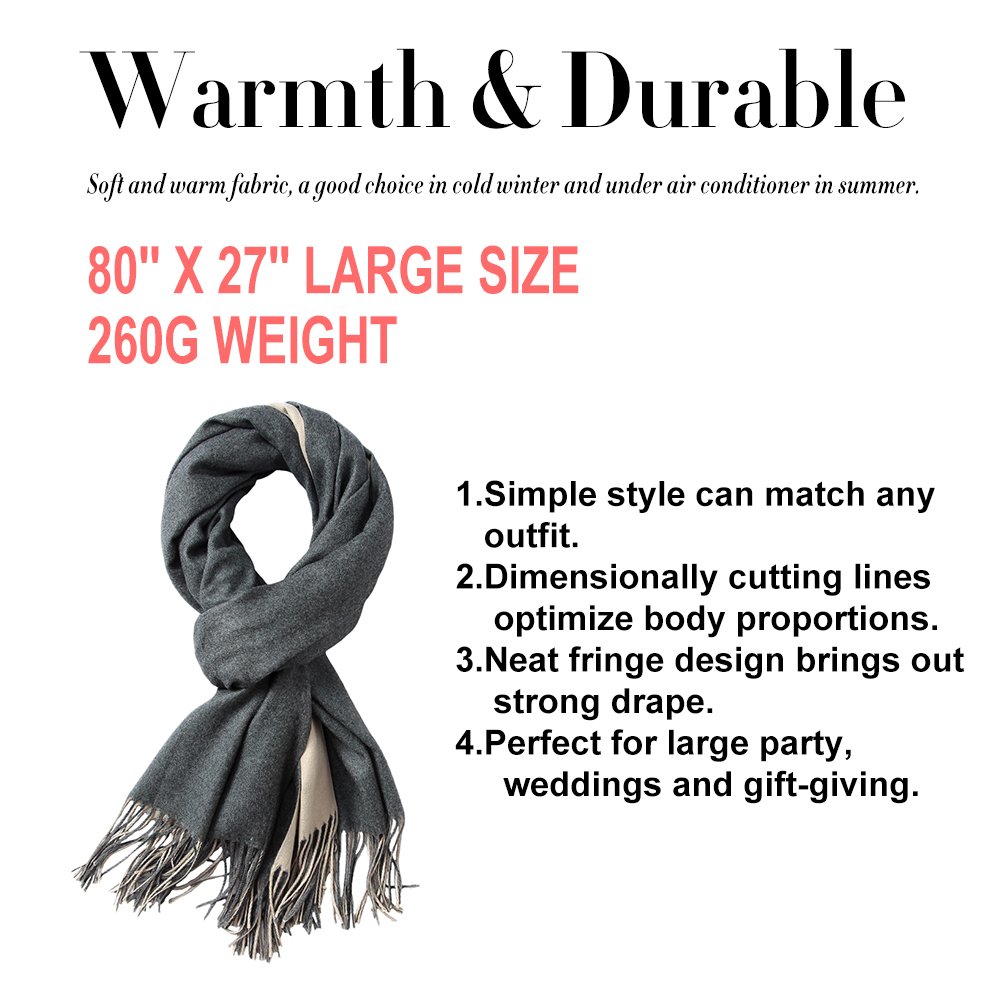maamgic Women's Scarf Pashmina Shawls and Wraps for Evening Dresses Travel Office Winter Wedding Cashmere Feel Long Reversible Scarves Dark Grey and Cream