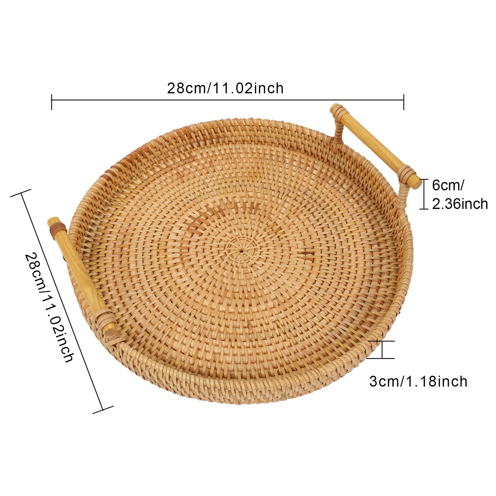 Round Rattan Coffee Table Tray with Handles - Woven Basket Food Decorative Tray ,Handmade Rattan Serving Tray with Handles ,Adorable Natural Bamboo Tray for Ottoman Coffee Table (Large/11 inch)