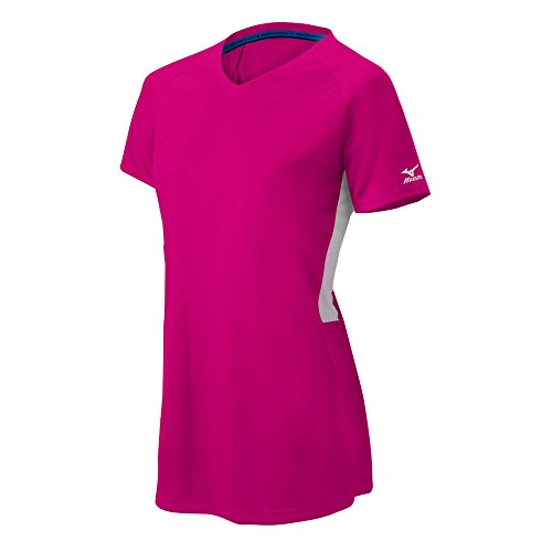 Mizuno Girl's Comp Short-Sleeve V-Neck, Shocking Pink-White, SMALL (S)