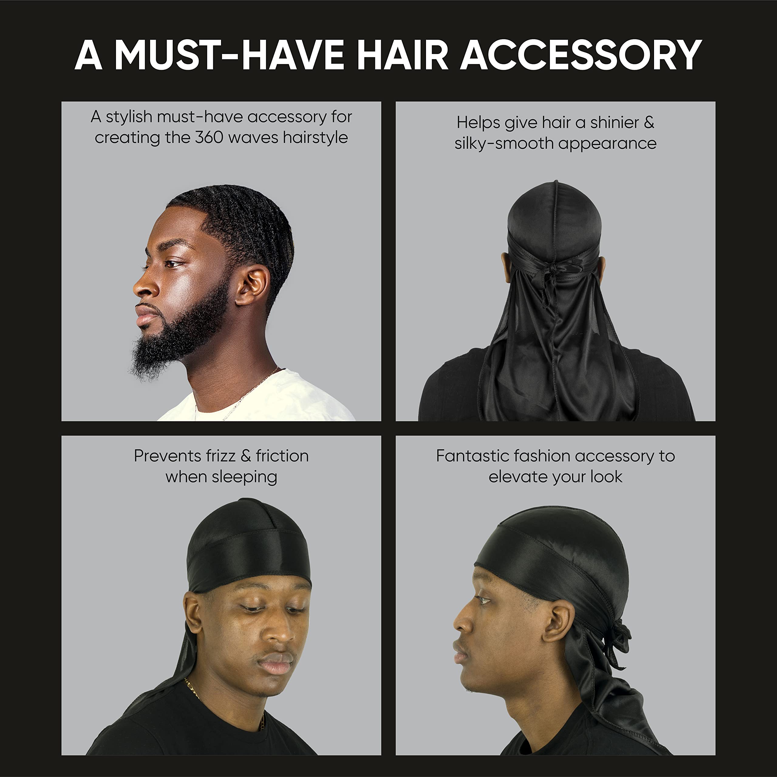 Roman-T Premium Silky Satin Durag - Designer Anime Durags for Men and Women - Long, Wide Tails (Clouds)