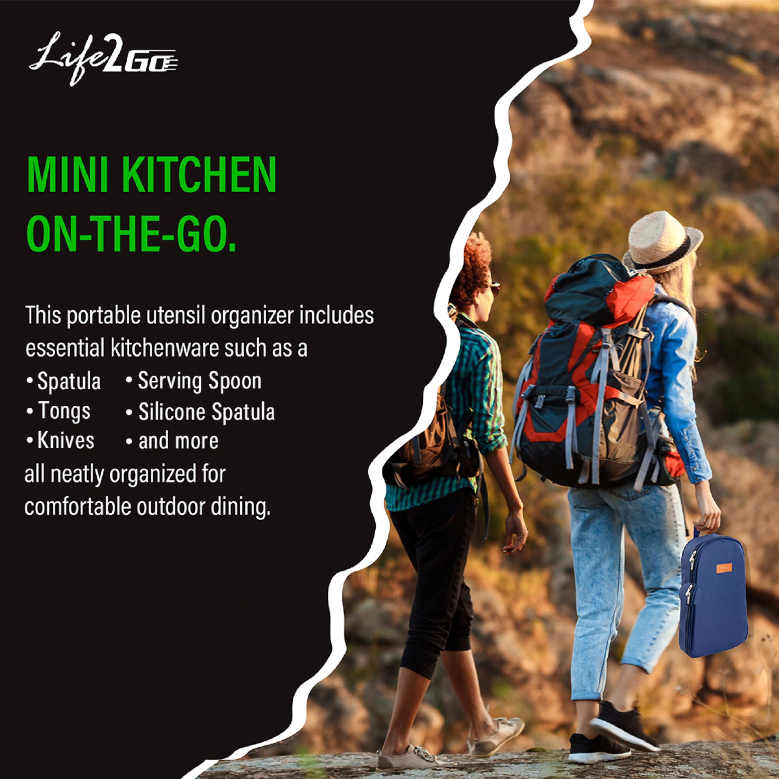 Life 2 Go 10 Pcs Camp Cooking Utensil Set & Outdoor Kitchen Gear Cookware Kit, Portable Compact Carry Case for Camping, Hiking, Travel, BBQ Grilling Stainless Steel Accessories Spoon & Fork, Navy