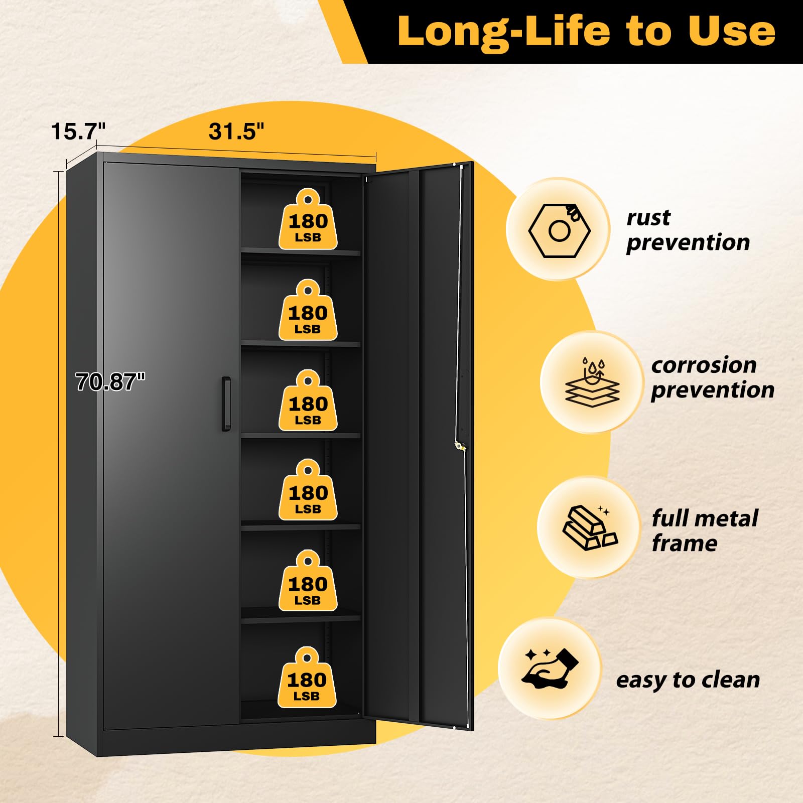 ZAOUS Metal Storage Cabinet with Lock,71'' Garage Storage Cabinet with 5 Adjustable Shelves, Tall Tool Cabinets for Garage, Home, Office, Gym, School,Black