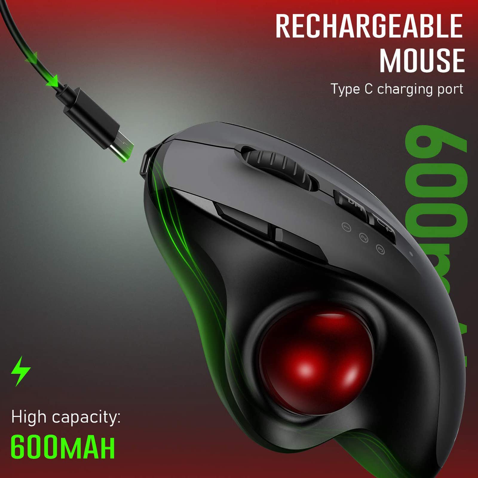 VssoPlor Wireless Trackball Mouse - 2.4G USB + Dual Bluetooth Rollerball Mouse, Easy Thumb Control, Rechargeable Ergonomic Mouse Trackball for Mac, Laptop, PC, iPad, Windows, Android, iOS (Black)