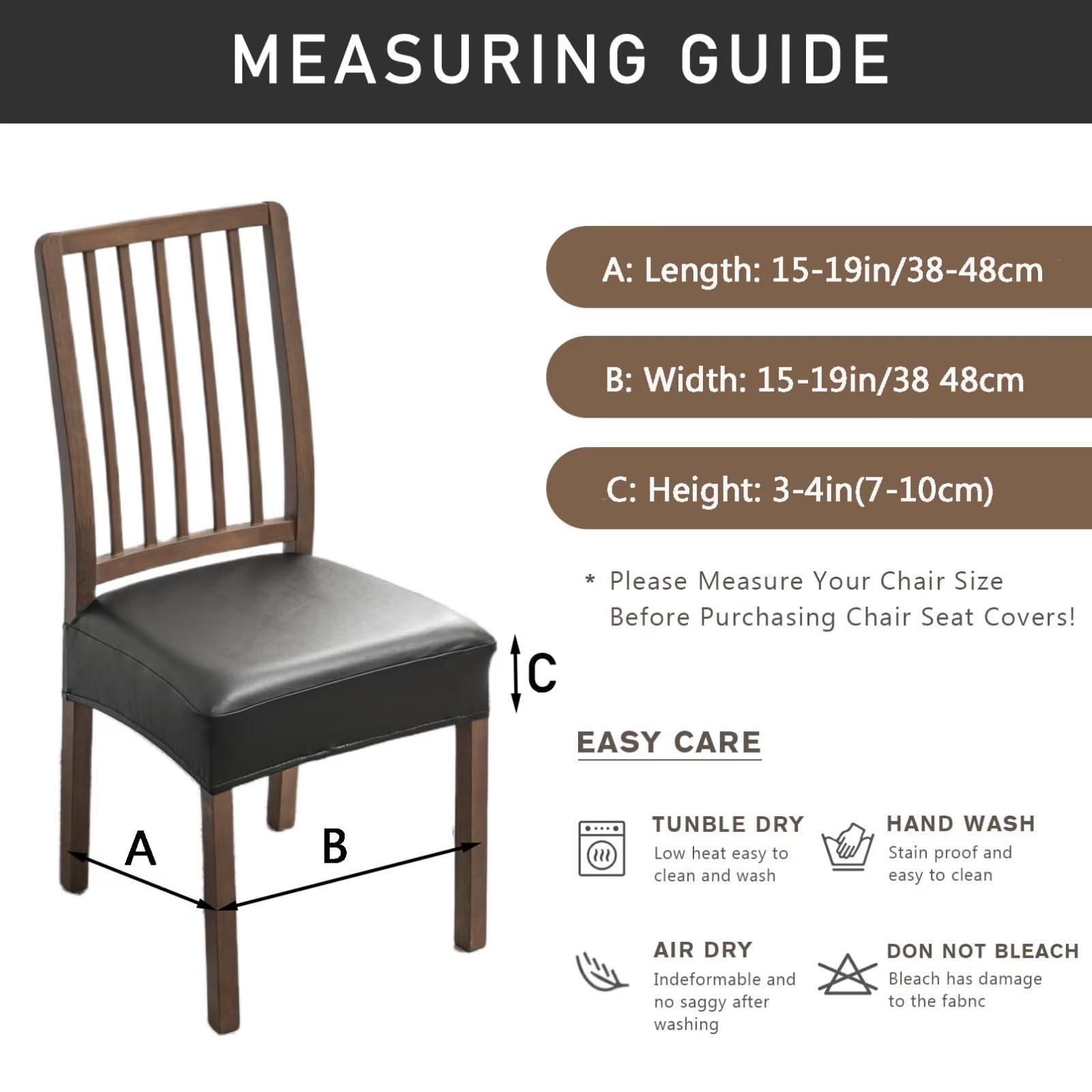 NILUOH Waterproof Seat Covers for Dining Room Chairs Set of 2, Pu Leather Chair Seat Slipcovers Dining Chair Cover Removable Washable Chair Protctor Cover, Rear Covers (PU-Black)