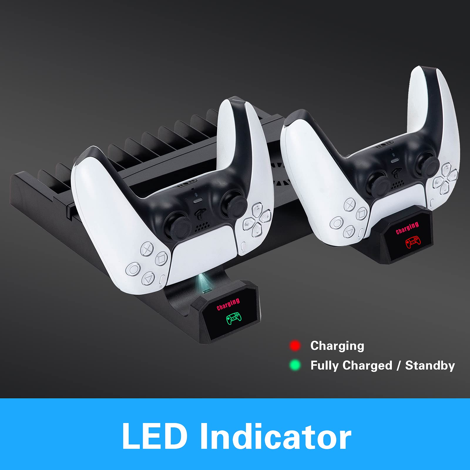 My Genik Touch on Charger with 3 Fan Cooler for PS5 Digital Edition & Ultra HD Console Vertical Cooling Stand with LED Indicators, USB Fast Charging Dock Station with 12PCS Games Storage