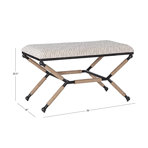 Linon Upholstered Seat Farrow Metal Campaign Bench, Black/White Striped