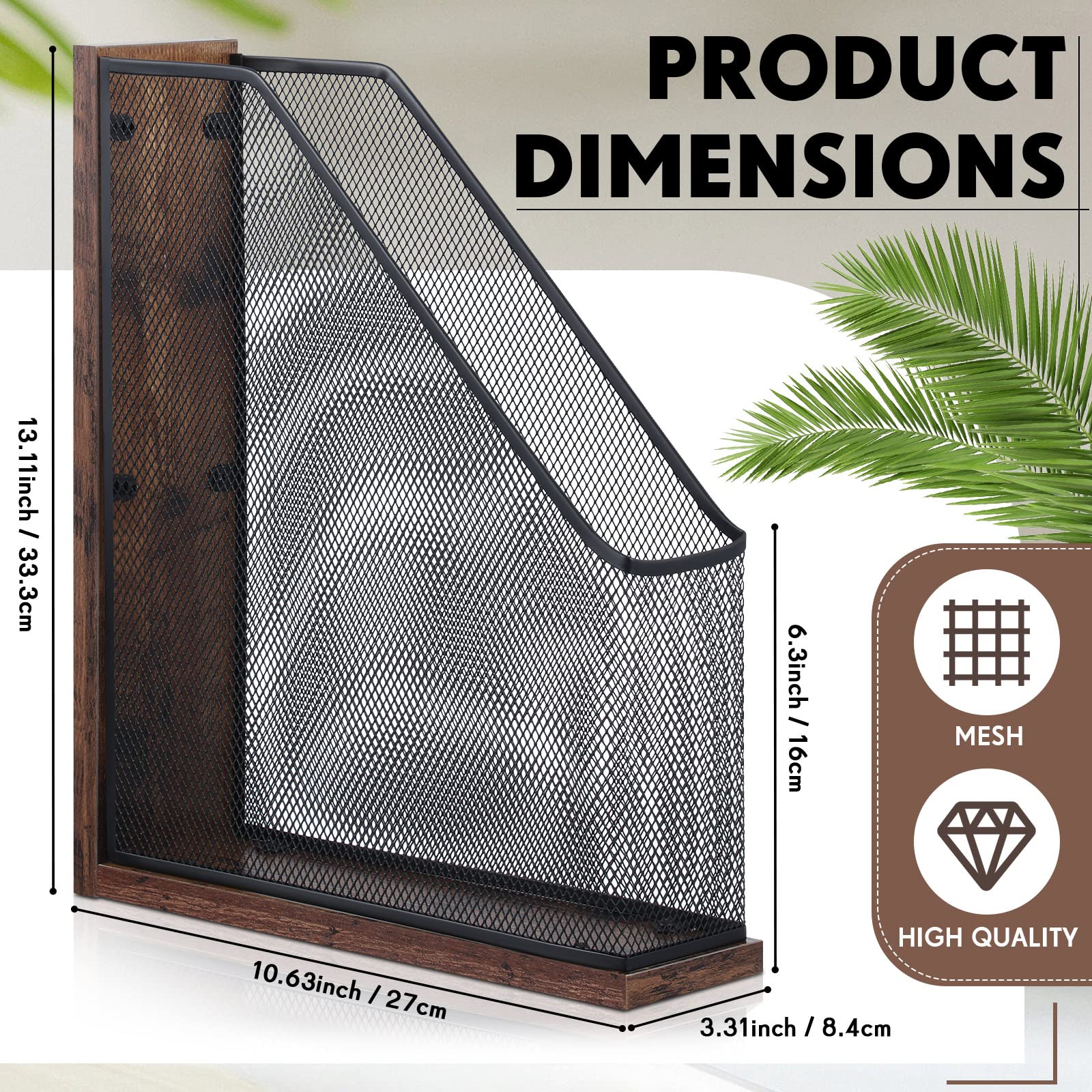 Perkoop 2 Pcs Mesh Magazine File Holder Metal Wooden Magazine File Holder Antique Mesh Wire File Organizer Desktop Magazine Rack Metal Desk Organizer for Document Folder School Office File Storage