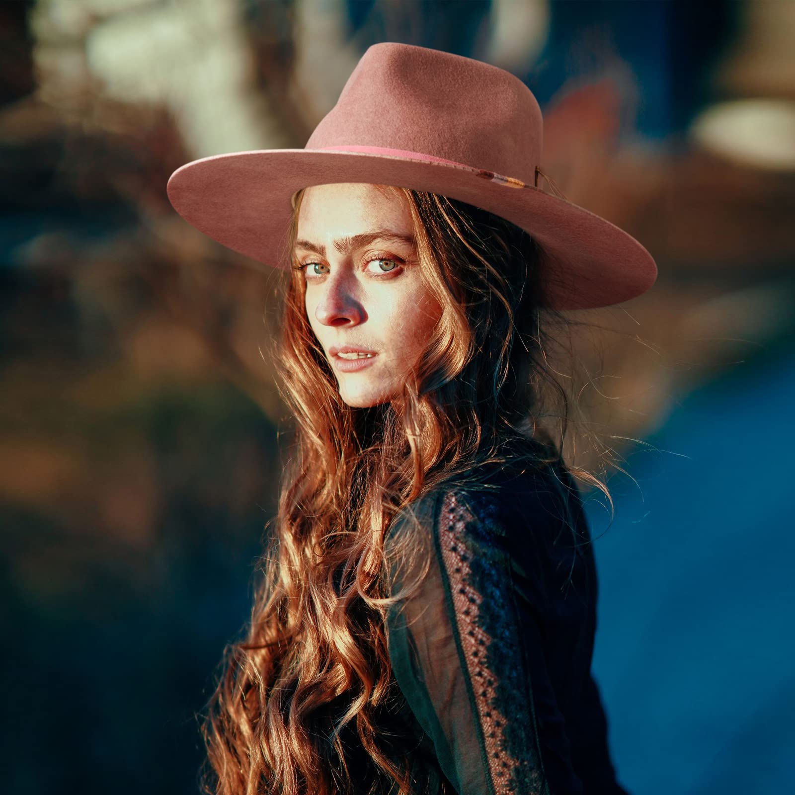RUEDIGER Wide Brim Fedora Hats for Men Women 100% Wool Felt Panama Rancher Hat with Lightning Logo Distressed/Burned Handmade Pink