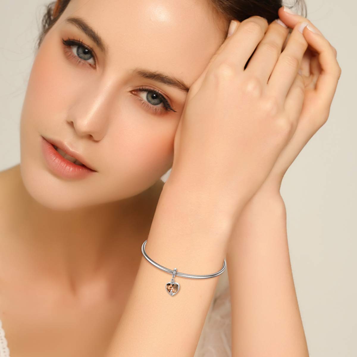 Personalized Heart Photo Cremation Urn Charm for Ashes Silver Custom 2 Picture Image Bead Fit Snake Bracelet Keepsake Memorial Locket for Women Mom (Double Love-2 Photos)