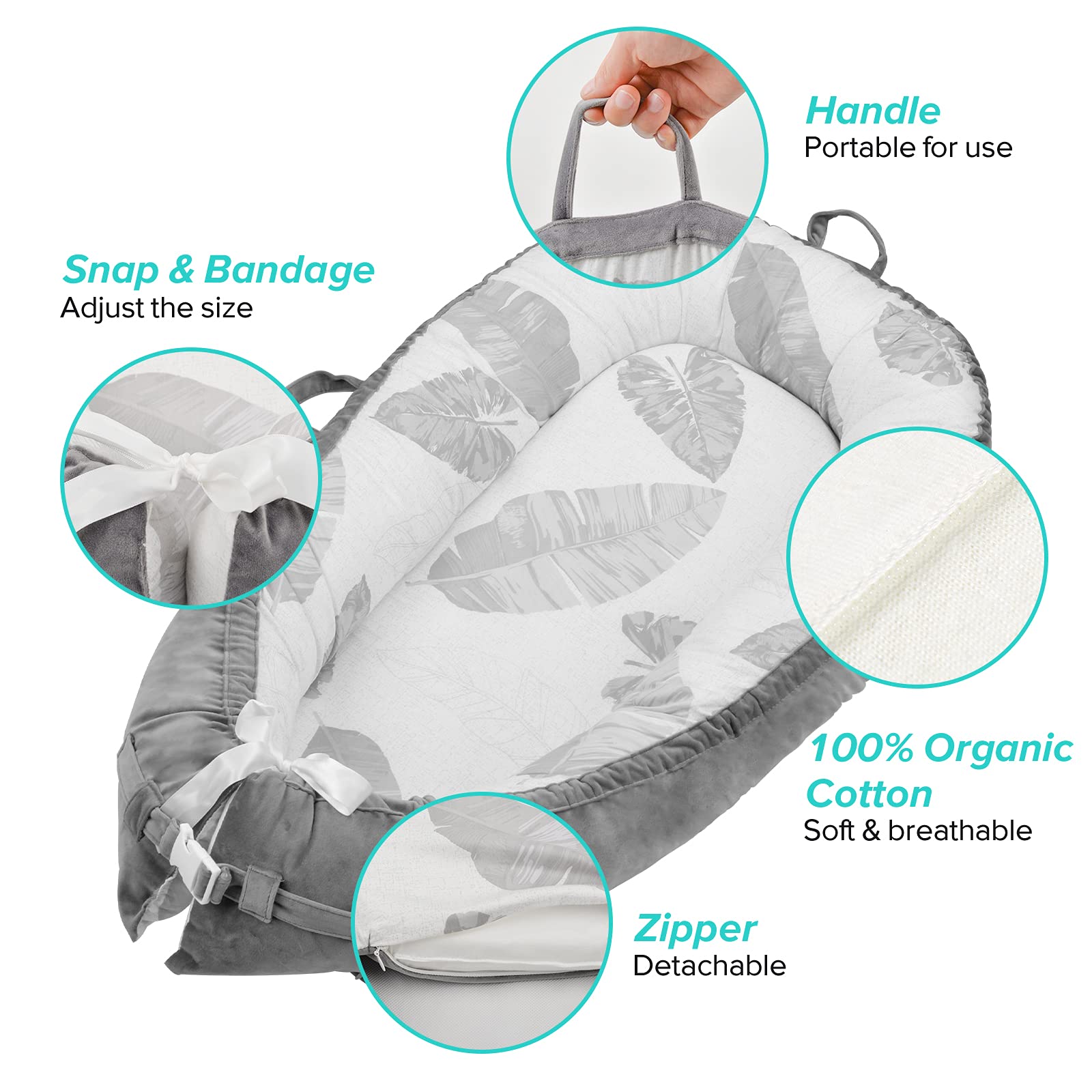 MPenguin Baby Lounger Baby Nest Cover for Newborn Nest Co Sleeping Bed Machine Washable, Adjustable Size, 37’’x21’’ (Leaf)