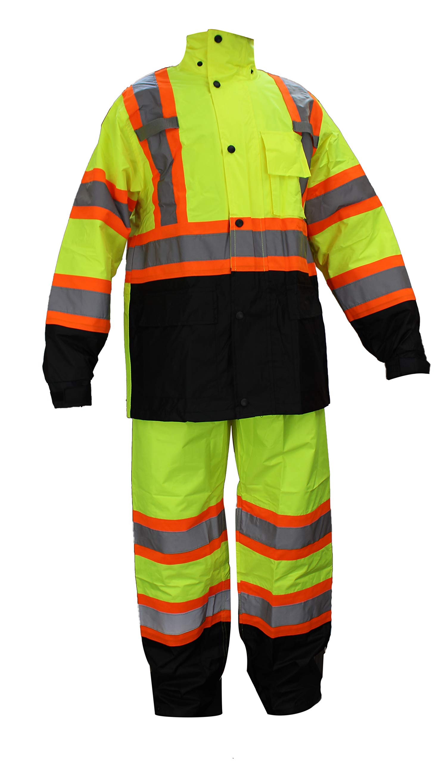 Troy Safety RW-CLA3-TLM55 Class 3 Rain suit, Jacket, Pants High Visibility Reflective Black Bottom with X Pattern (Extra Large, Lime)