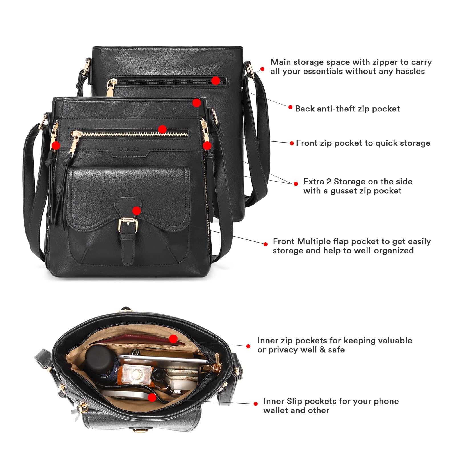 RICH LEAF Women Crossbody Bag Shoulder Handbags Purse Long Over Strap Tassel Multiple Pockets Lightweight Black