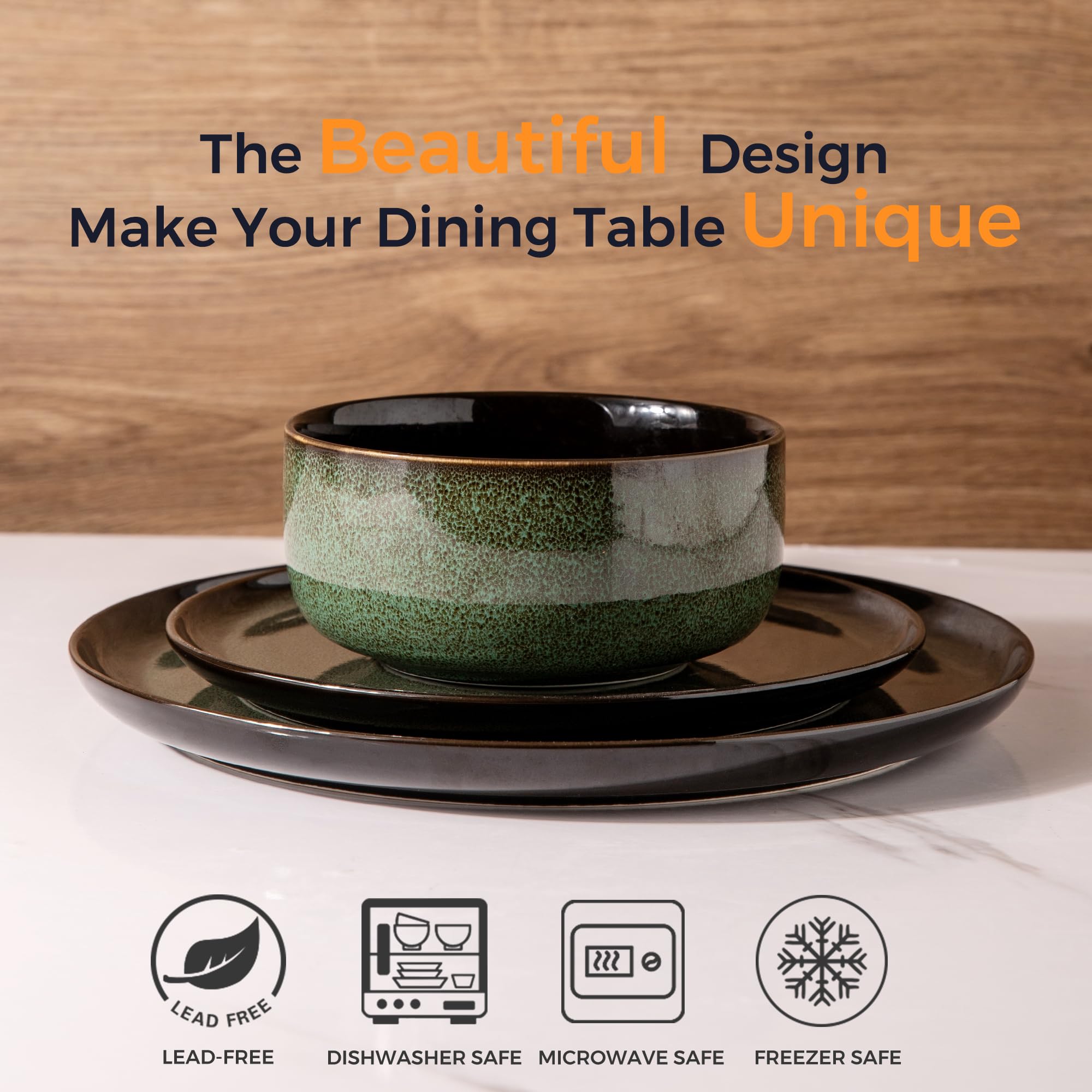 LeRatio Ceramic Dinnerware Sets of 4,Poreclain Plates and Bowls Sets,Handmade Reactive Glaze Dishes Set,Chip Resistant and Scratch Resistant | Oven&Dishwasher & Microwave Safe,Service for 4-Green