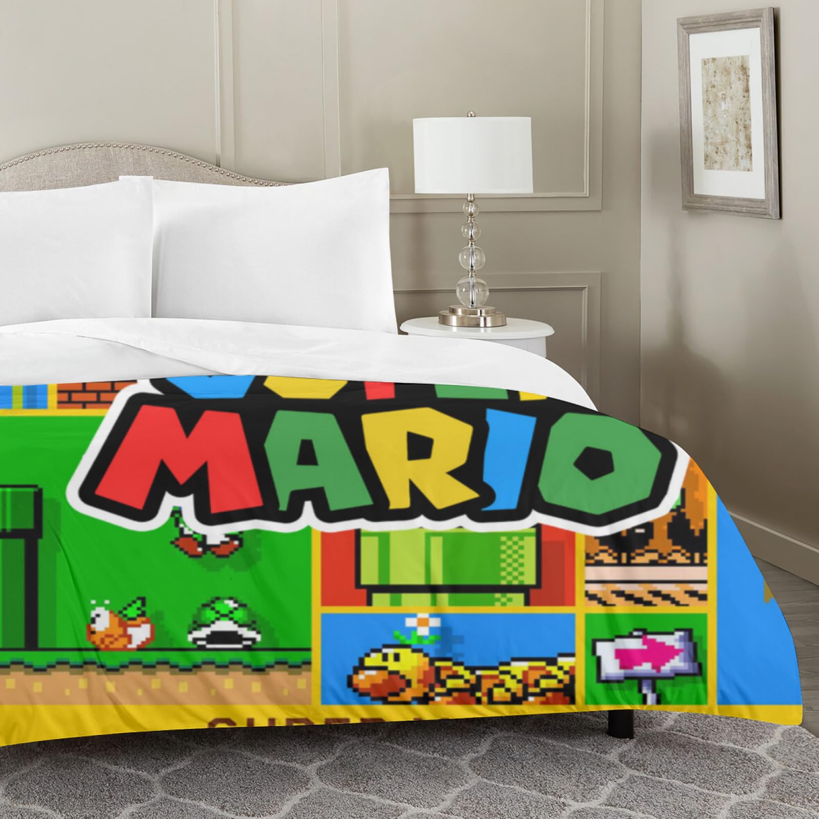 Lirac Mario Cartoon Comforter Twin Size Bedding Set for Grils Boys Teens 3 Piece Included 1 Comforter 2 Pillowcases Printed Duvet Set for All Season