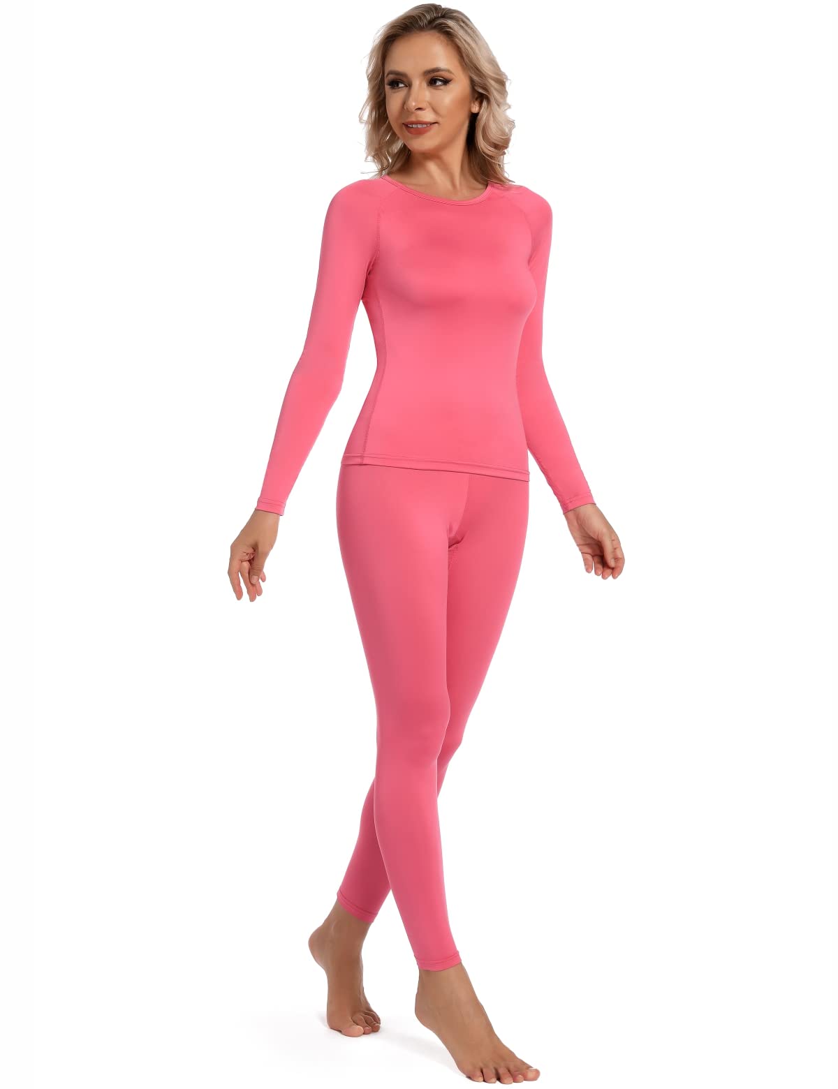 Przewalski Thermal Underwear Set For Women, Winter Long Johns Warm Up Base Layer Top and Bottom Pajama Suits Cold Weather Pink
