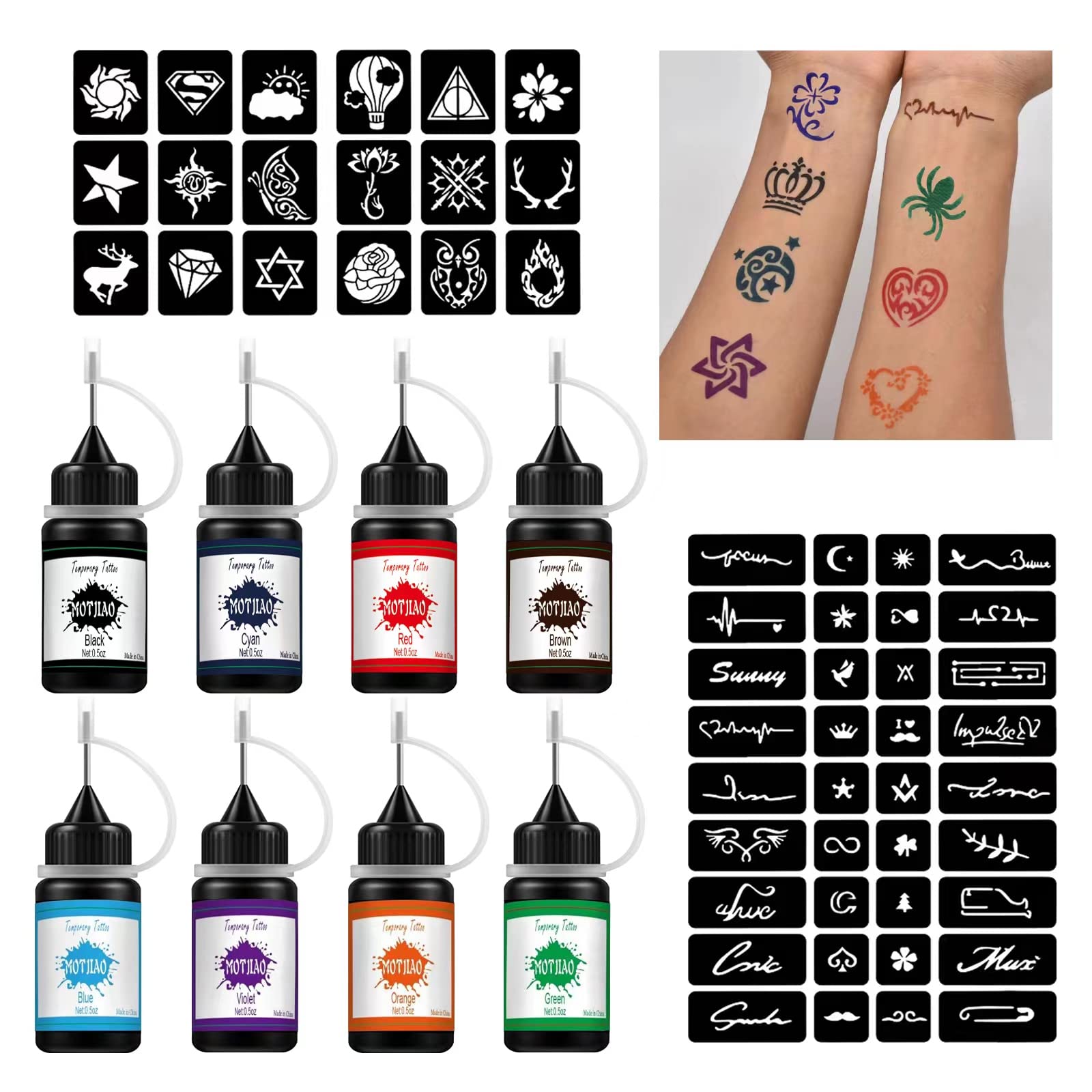 MOTJIAO Temporary Tattoo Kit/Waterproof Lasting for 3-7 days(Natural Plants Based) Including 178 Pcs Free Stencils/Temporary Tattoo ink 8 Bottles with 8 Colors Suitable for Kids and adults