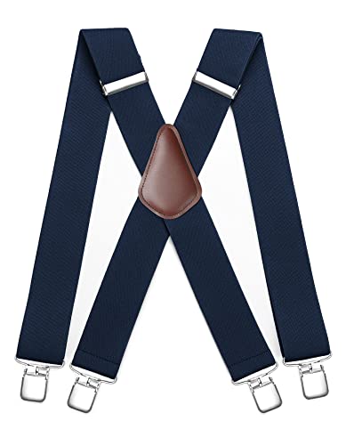 Navy blue Thick Trouser Suspenders for Men Heavy Duty with Very Strong 4 Clips X- Back 2'' Adjustable Suspender Elastic Braces for Work Wedding Party