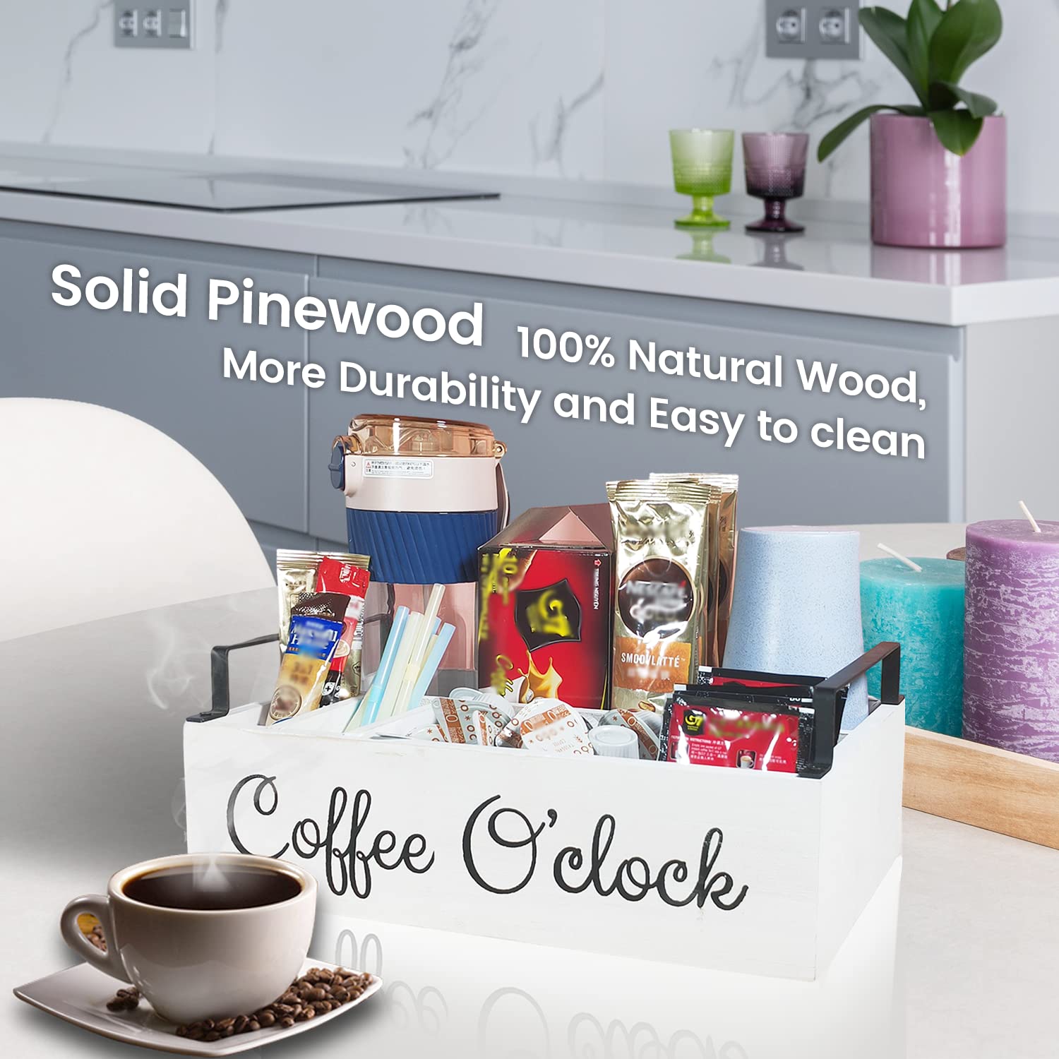 QUALLON Coffee Station Organizer with Small Removable Dividers, Wooden Coffee Bar Accessories Storage For Countertop, Farmhouse Kcup Coffee Pod Holder Basket With Handle For Coffee Lover - white