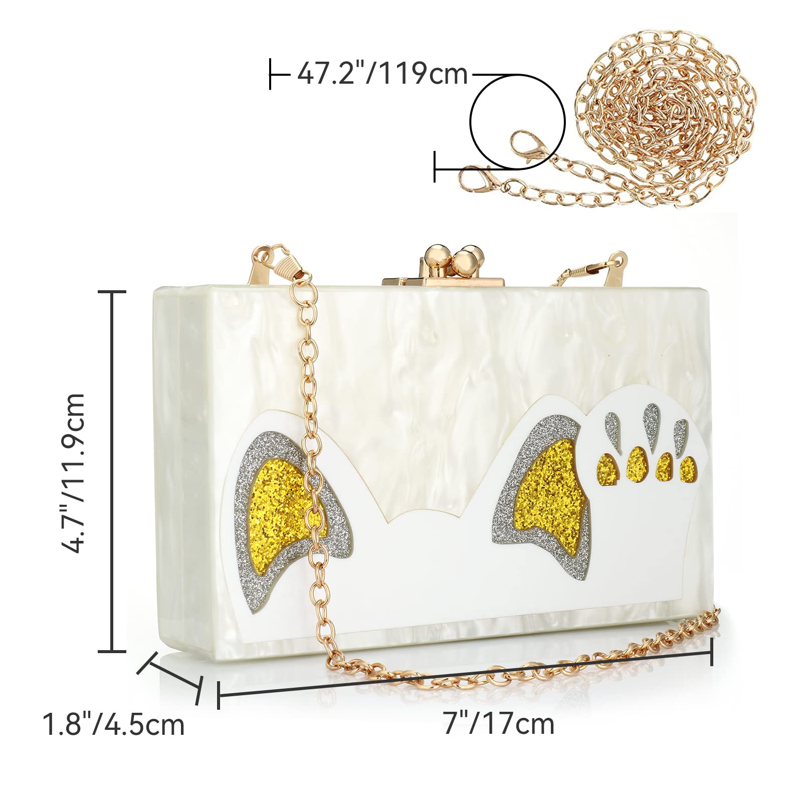 Rkrouco Women Acrylic Evening Clutch Bag Cartoon cat pattern Purse Handbag for Banquets, Weddings, Proms and Parties( White)…