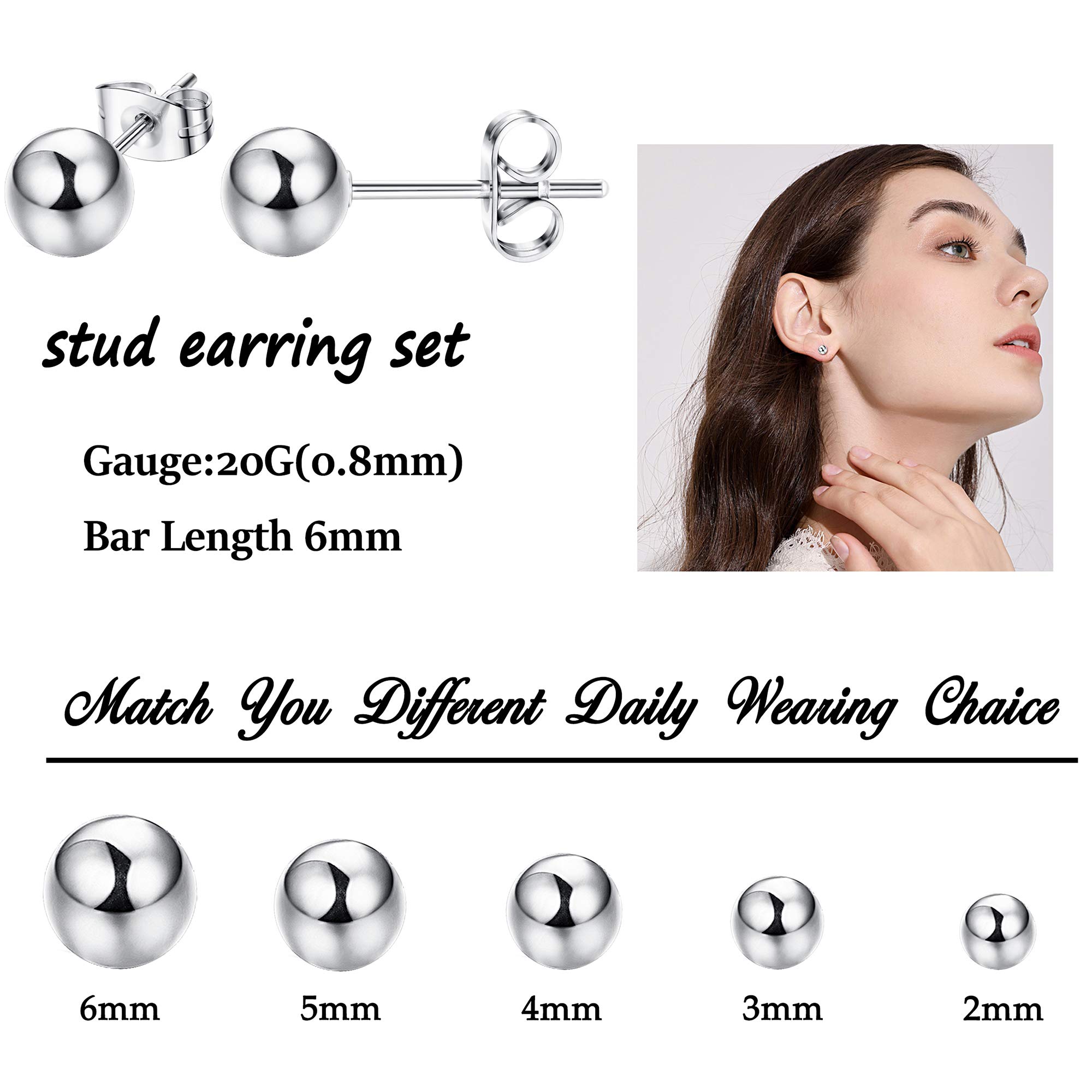 LOYALLOOK 40Pairs Silver Black Tone Stainless Steel Stud Earring for Men Women CZ Round Ball Earring Piercing Set,2-6mm