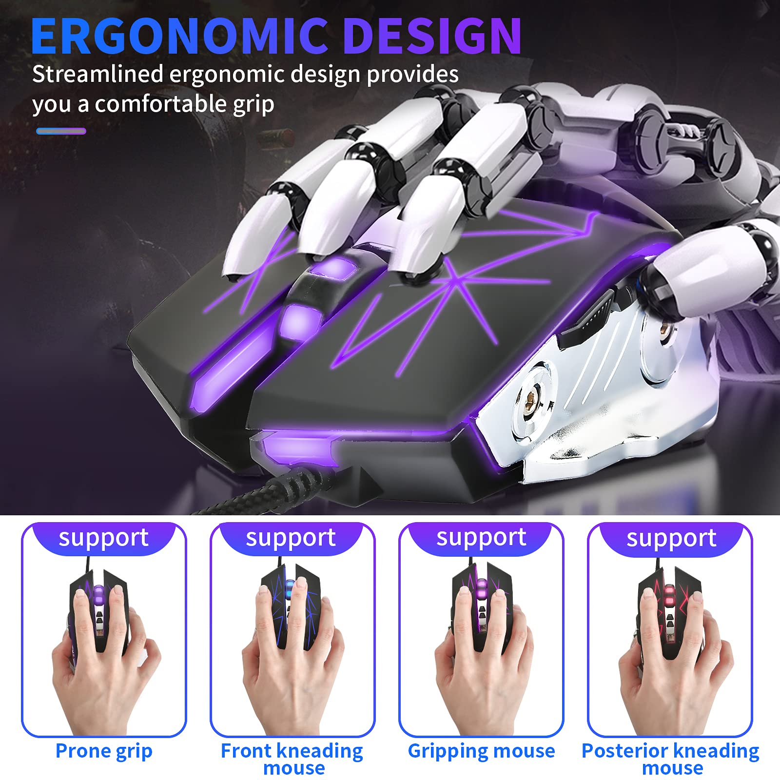 PDTXCLS Silent Click Wired Gaming Mouse, RGB Backlight and 4 Adjustable DPI Up to 3200, 7 Buttons, Ergonomic USB Computer Mouse with High Precision Sensor for Windows PC & Laptop Gamers