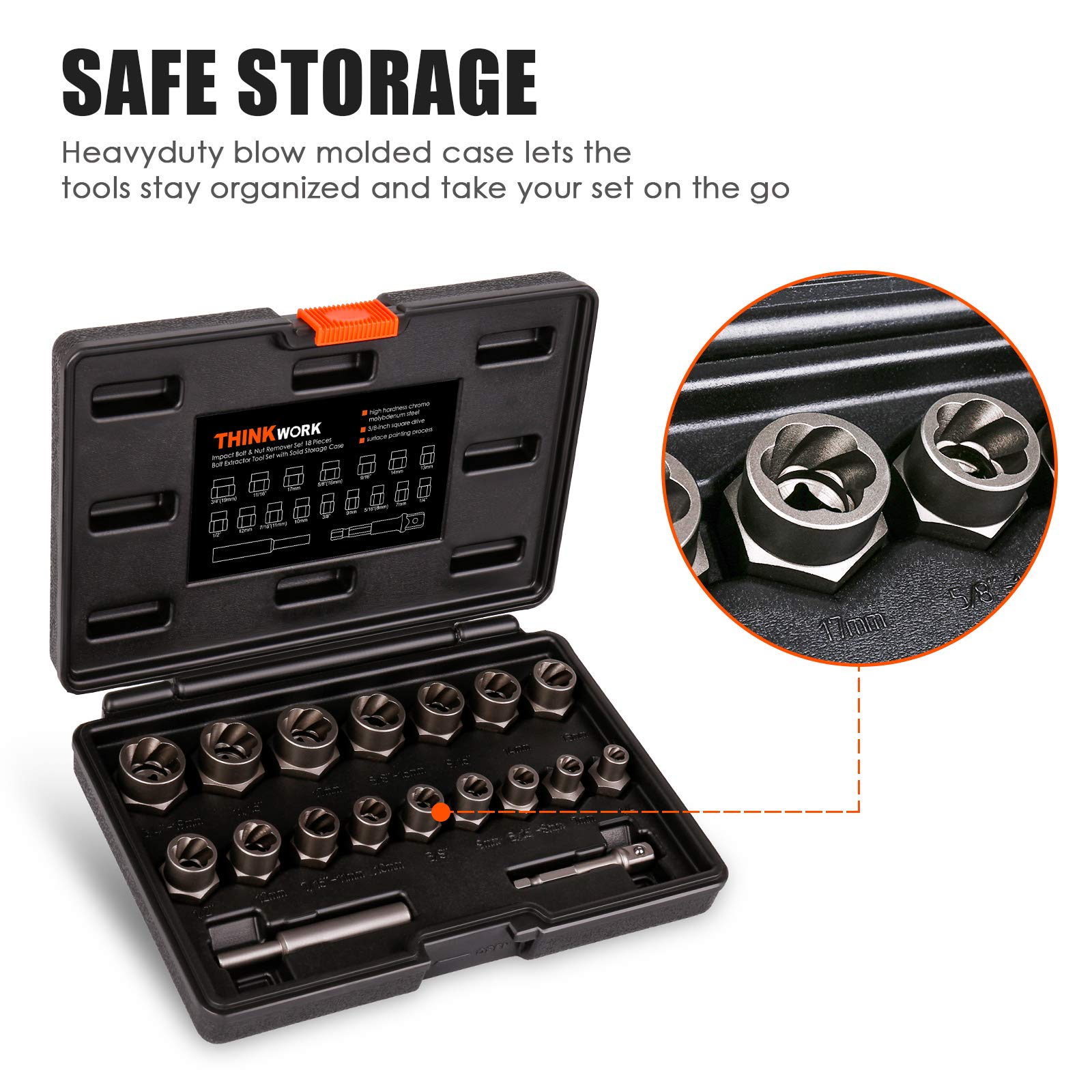 THINKWORK Bolt Extractor Set, 18 Pieces Impact Bolt & Nut Remover Set, Stripped Lug Nut Remover, Extraction Socket Set for Removing Damaged, Frozen, Rusted, Rounded-Off Bolts, Nuts & Screws