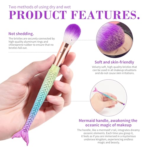 Makeup Brush Set 11pcs, Premium Synthetic Mermaid Make Up Brushes for Blush Highlight Concealer Fan Cute Cosmetic Brushes Collection