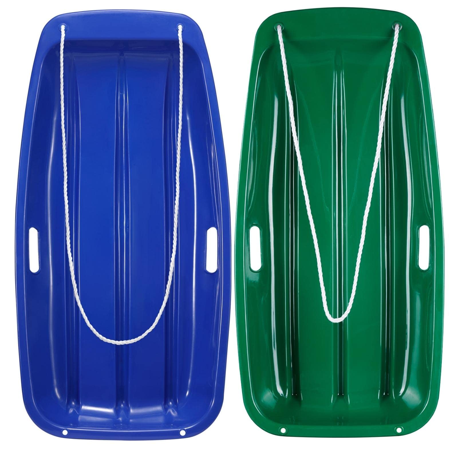 Rmiott Classic Plastic Snow Sled Toboggan for Kids Girls Boys Heavy Duty with Pulling Rope, 1-3 Rider Options, Multiple Pack Colors Available (Blue,Green, Pink, Purple and Red)