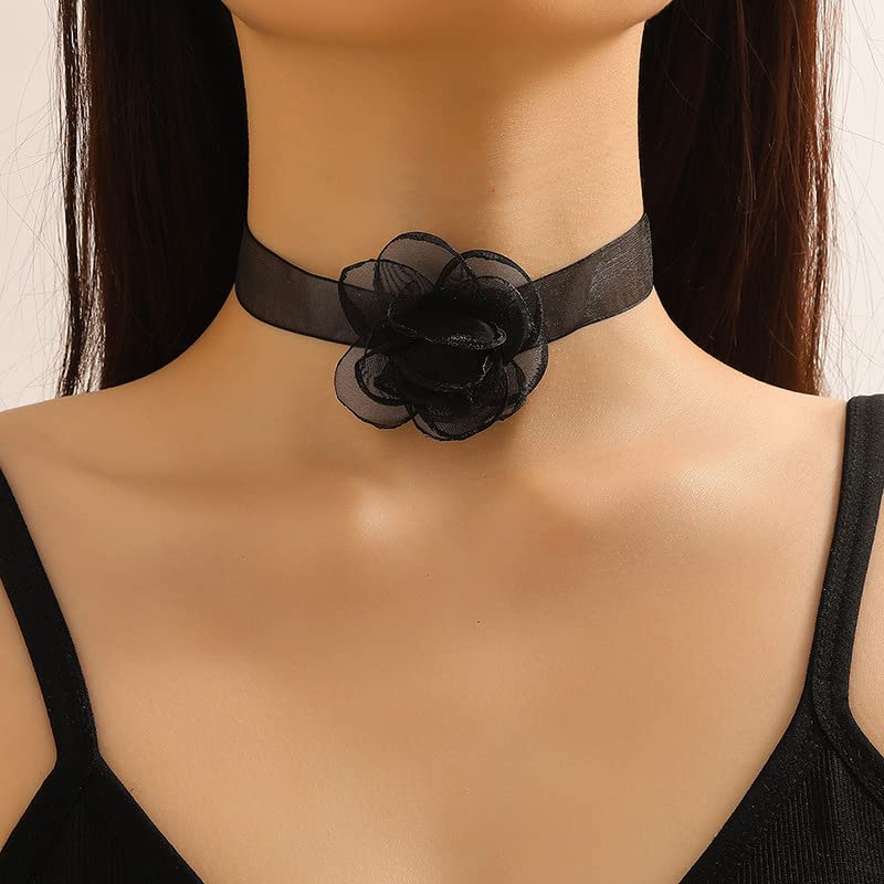 Todu Lace Flower Choker Necklace Bohemian Soft White Flower Tie Cravat Necklace Wedding Jewelry Gift For Women (1pc,Black)