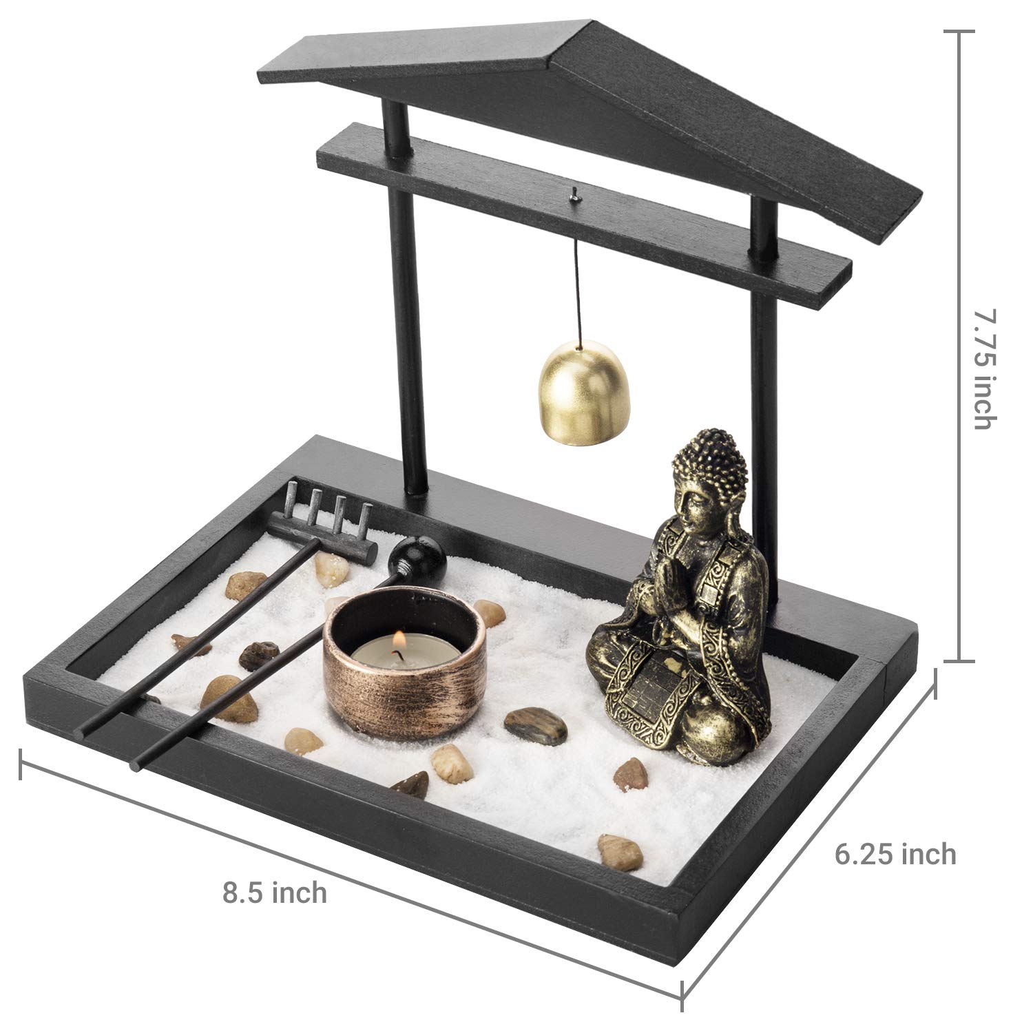 MyGift Mini Zen Sand Garden Set with Buddha Statue, Bell, Rake, Candle Holder & Tray