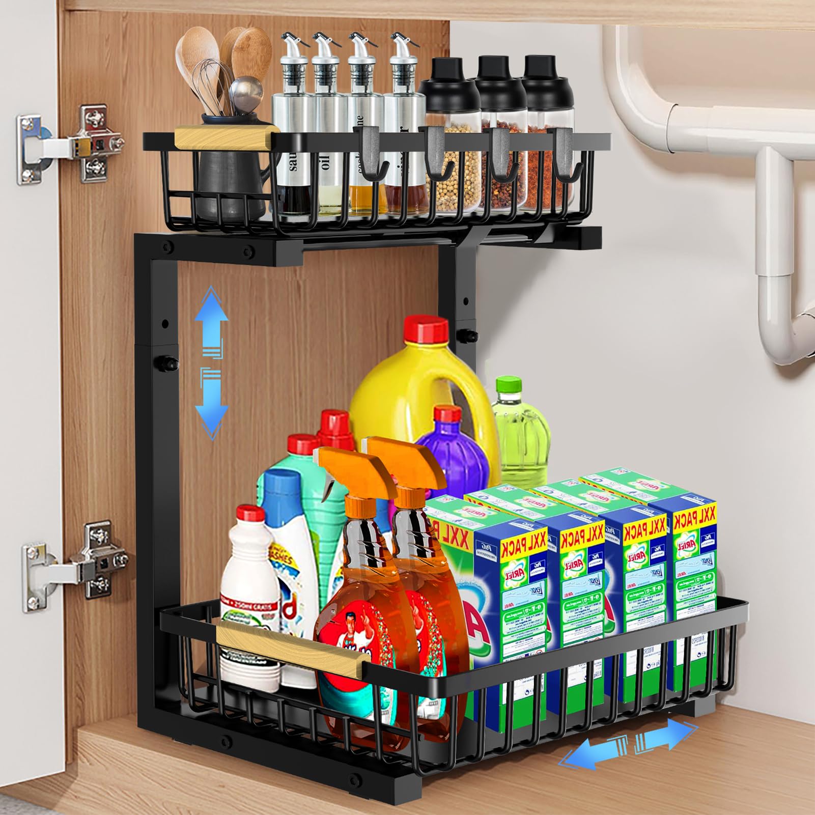 LUWUIDEN Under Sink Organizer and Storage: Adjustable Height 2-Tier Under Sink Bathroom Organizers Multi-Purpose Bathroom Cabinet Pull Out Drawers for Kitchen Cabinets with Hooks