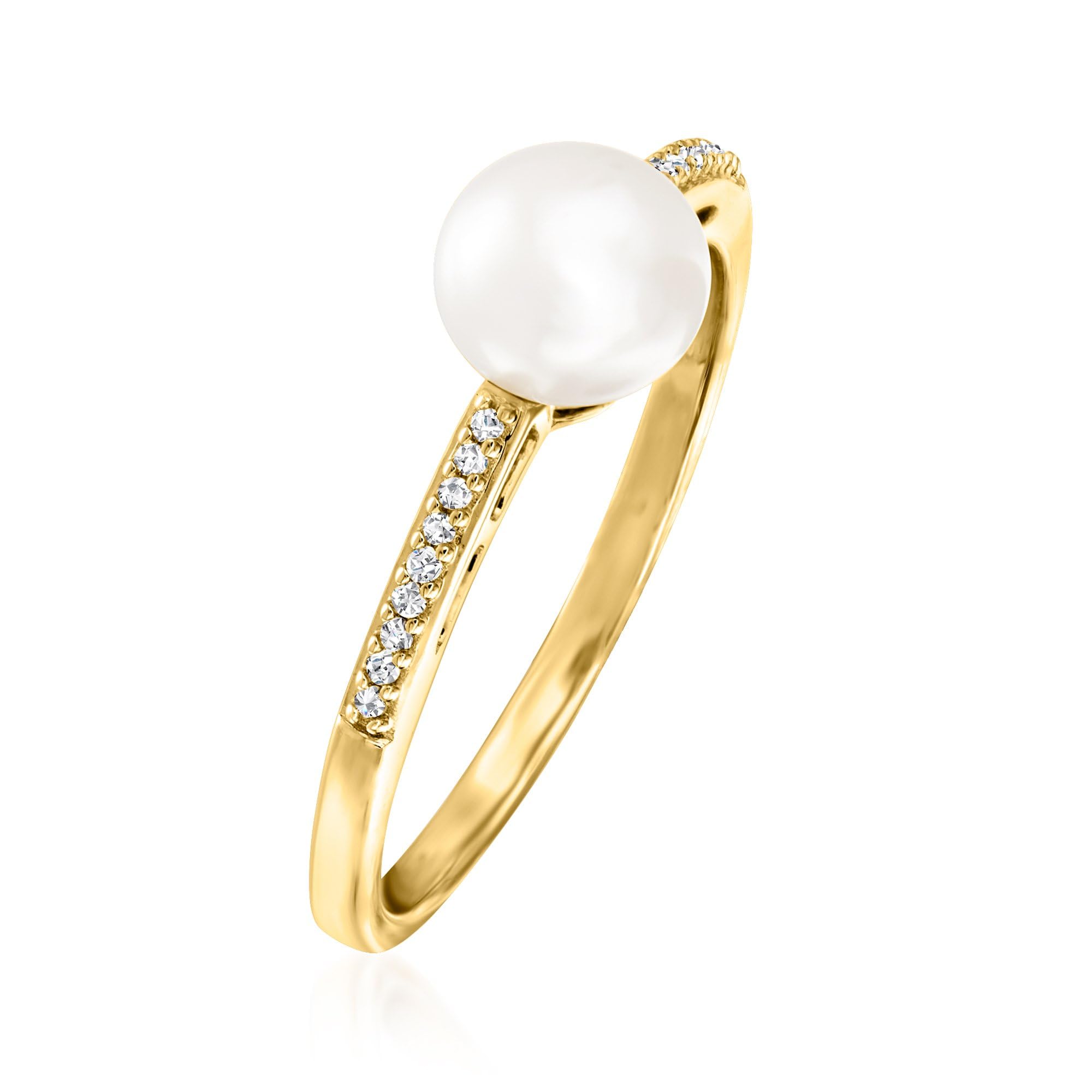 RS Pure by Ross-Simons 6mm Cultured Pearl Ring With Diamond Accents in 14kt Yellow Gold. Size 6