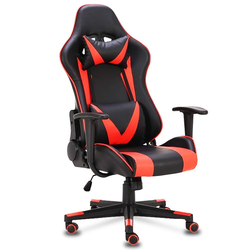 OGEFER Gaming Chair PC Computer Chair Racing Style Ergonomic with Massage Headrest Pillow Lumbar Support Armrest Home Office Swivel Chair Rocking Function 180 Degree Reclining Black Red