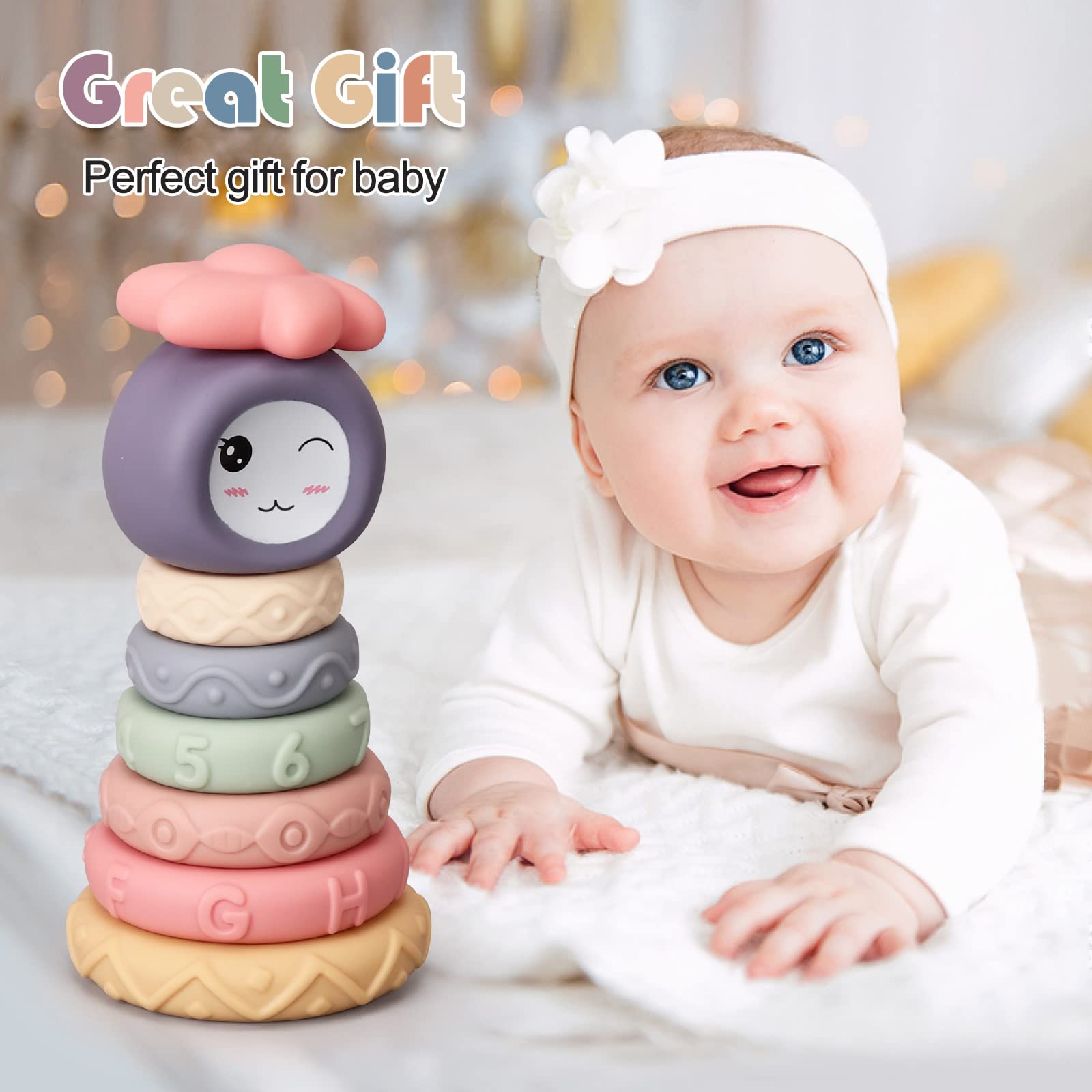 TICTTGA Baby Girl Newborn Essentials Gift Baby Toys 0-3 Months Baby Blocks Stack Rings Stacker Early Educational Teething & Squeezing Toys 8Pcs
