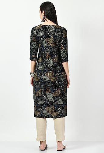 Lagi Women Round Neck 3/4 Sleeves Gold Foil Print Rayon Kurti, Grey (XL)