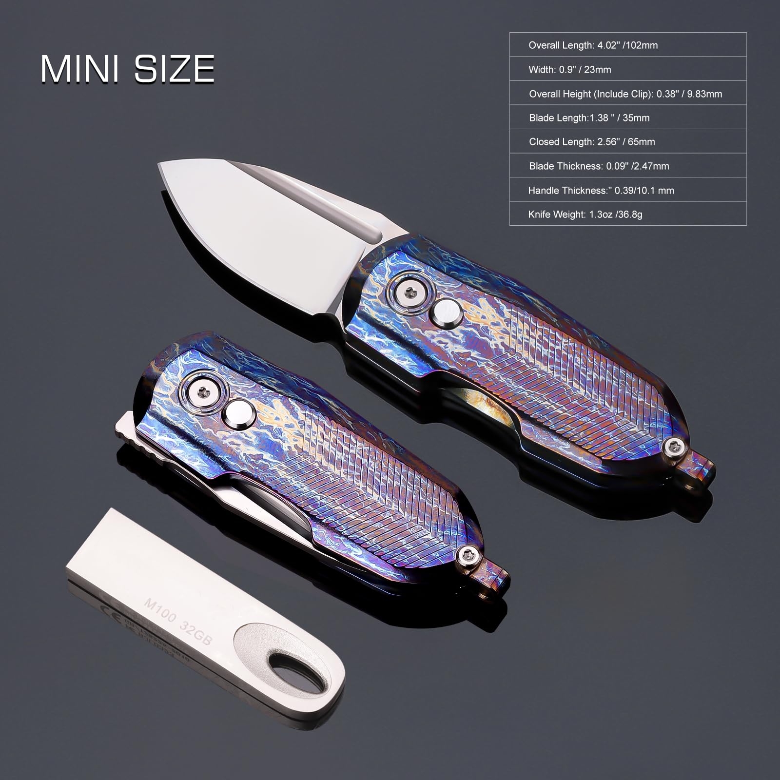 XTOUC Small Pocket Knife,1.38" M390 Steel Blade EDC Folding Knives with Button Lock Titanium Handle Knifes TD776