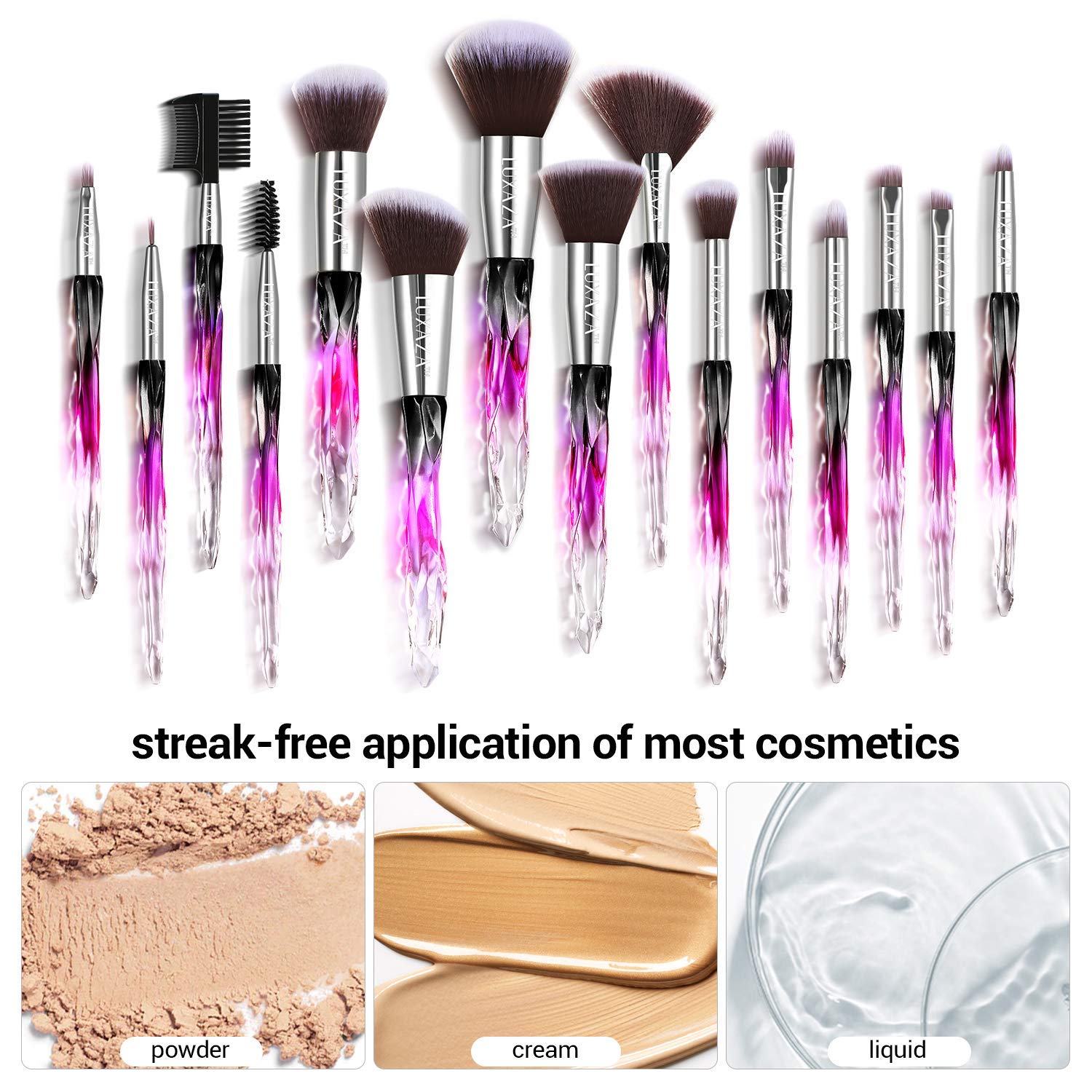LUXAZA 15PCS Professional Makeup Brush Set,Sparkling Crystal Style Makeup Brushes Premium Synthetic Include Foundation,Eyeshadow,Contour Makeup Brushes kit for Women & Girls