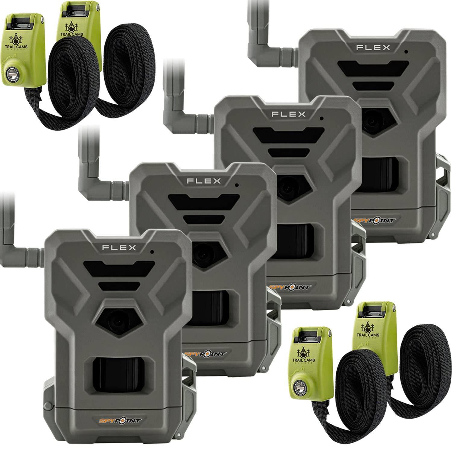 SPYPOINT Flex Dual-Sim Cellular Trail Camera 33MP Photos 1080p Videos with Sound and On-Demand Photo/Video Requests - GPS Enabled with 4 PK Bundles (4 PK Trail Bundle)
